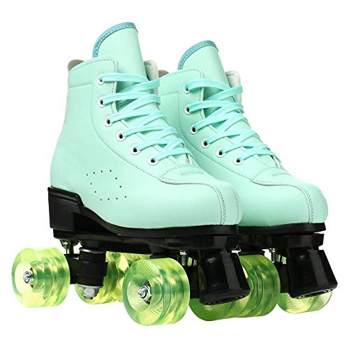 XUDREZ Roller Skates Candy Color PU Leather Shoes Double-Row Design Latest Version Flashing Pattern Roller Skates for Women and Men (Green-Flashing Wheels,42=US:Men:8-Women:9.5)