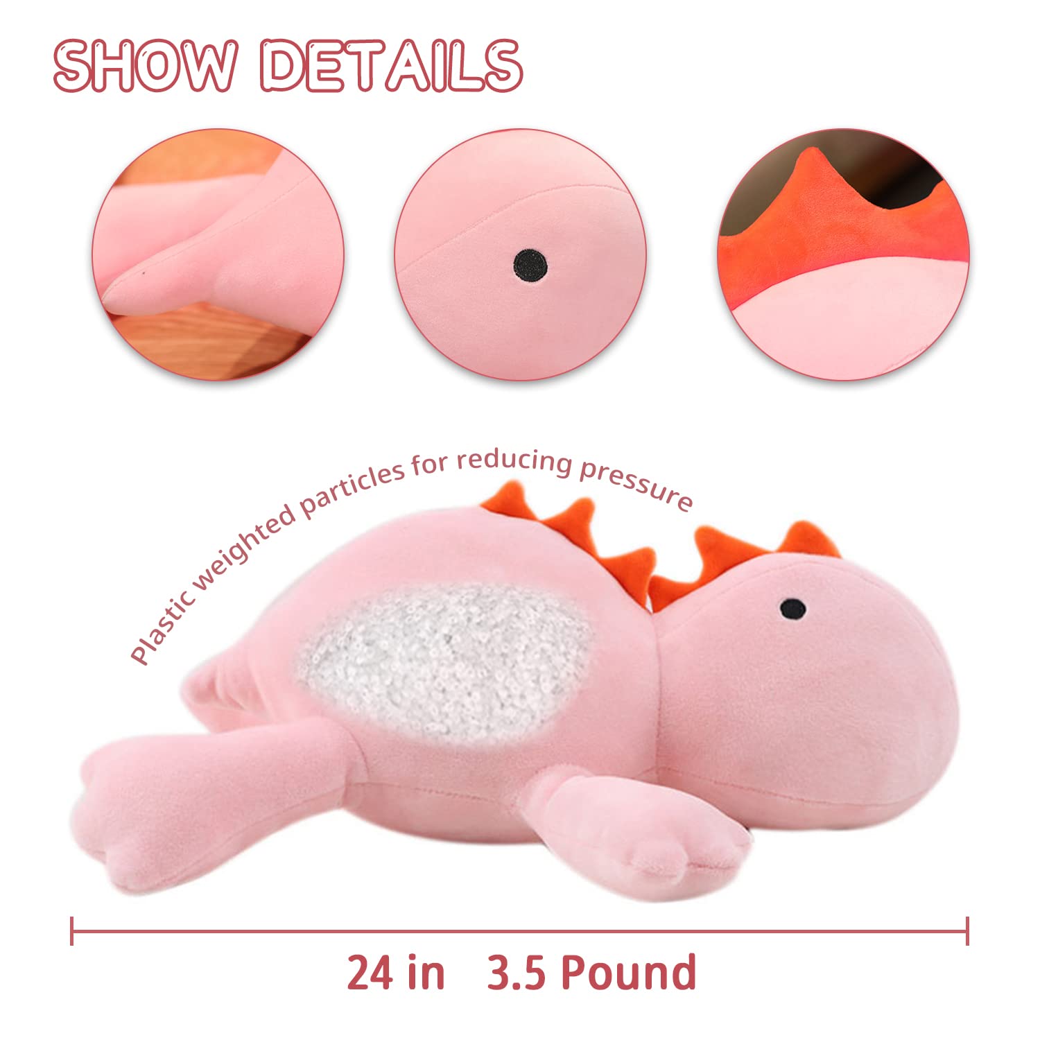 Philicoco 3.5 lbs Weighted Dinosaur Plush, Dino Weighted Plush Animal Stuffed Dinosaur Throw Pillow(Pink Dino 26" 3.5 lbs)