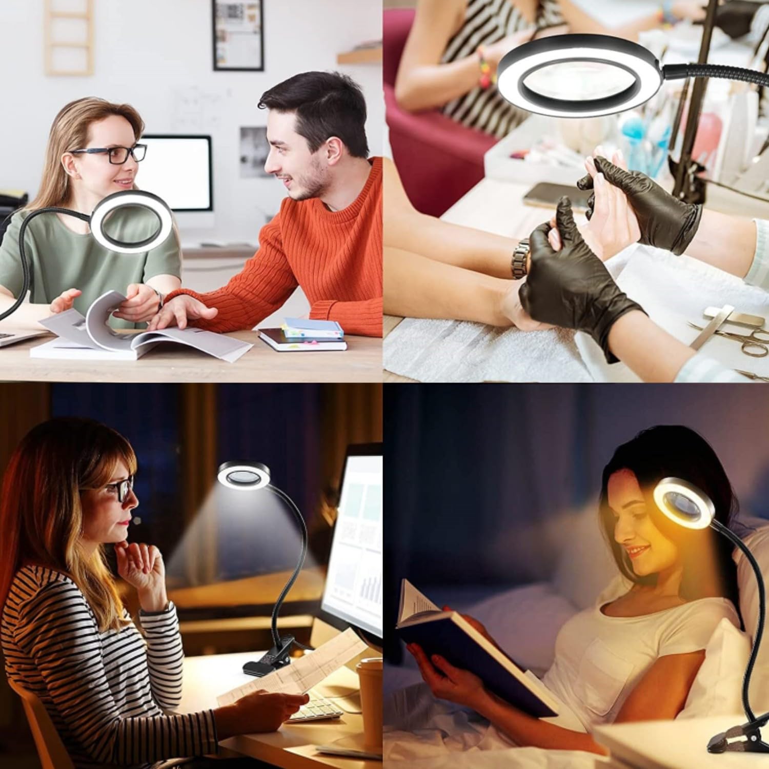 lishumei LED USB 5X Magnifying Desk Lamp with Clamp, 48 LED Desk Lamp with 3 Color Modes 10 Brightness, 360 ° Flexible Gooseneck Clamp Lamp for Bed Headboard Reading Makeup Eyebrow
