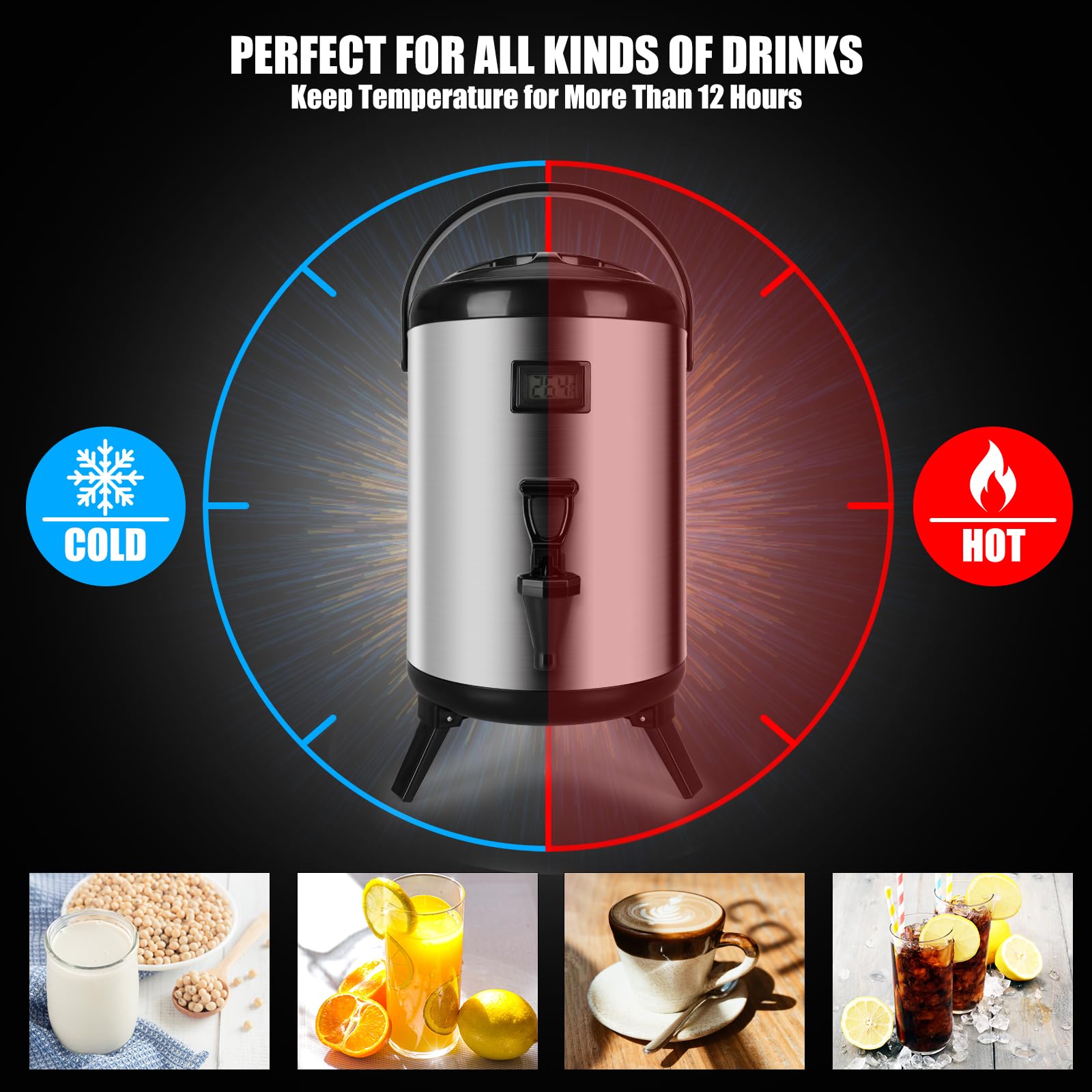 Insulated Beverage Dispenser 12 QT/3.2 Gallon, Stainless Steel Beverage Dispenser Cold and Hot Drink dispenser with Thermometer-Spigot for Hot Tea & Coffee, Cold Milk, Water, Juice