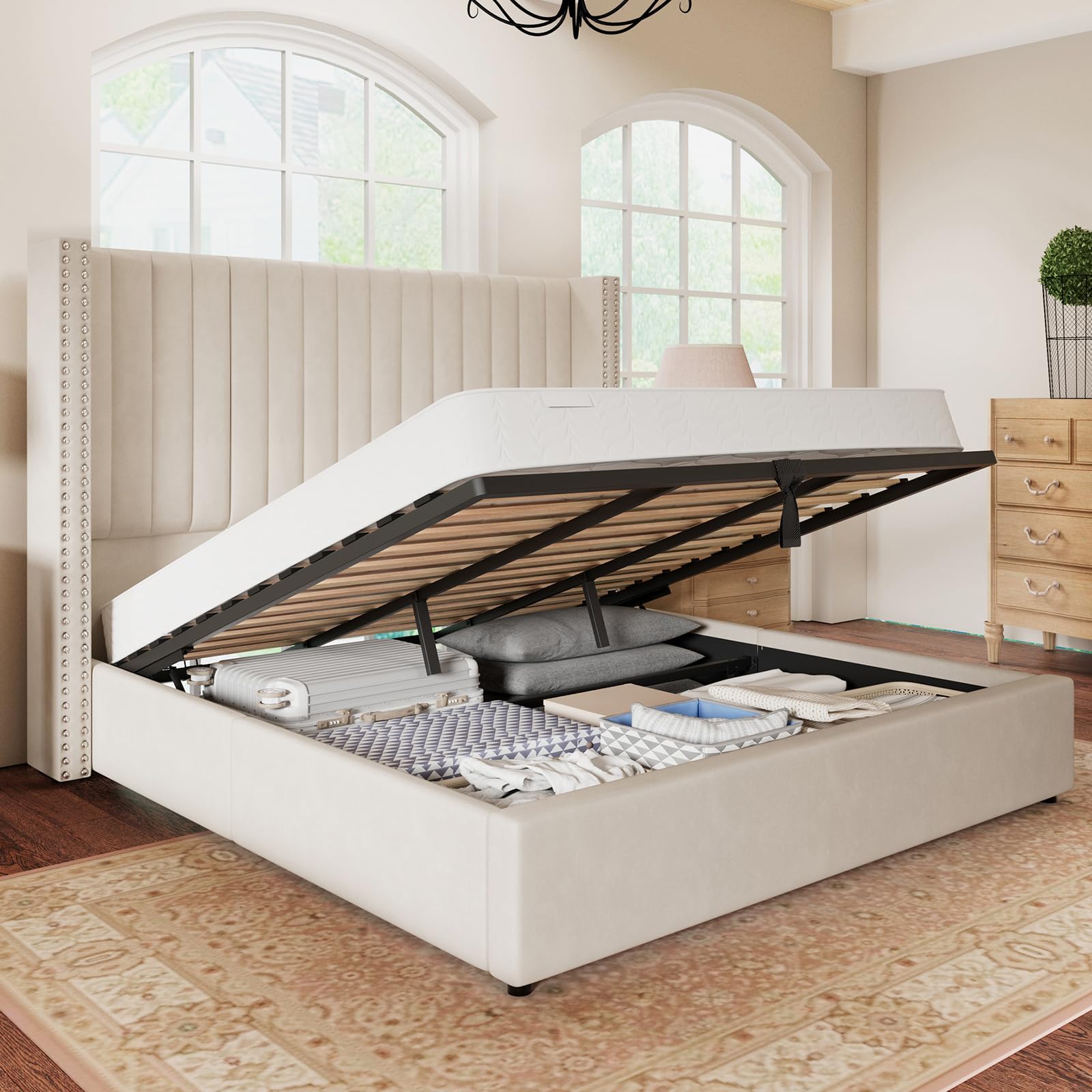 Jocisland Lift up Storage Bed Frame King Size, Upholstered Platform Bed Velvet with Channel Tufted Wingback Headboard, No Box Spring Needed, Cream