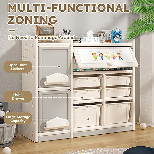 Wohh Kids Toy Organizer, Multi-Functional Bookshelf and Toy Box, Closed Cabinet and Pull-Out Drawer for Playroom, Children's Bedroom and Nursery (7 Bins + 2 Cabinets)