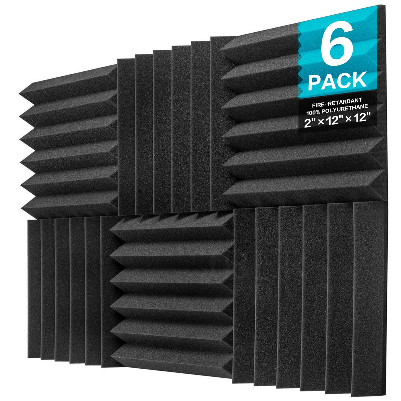 JBER 6 Pack Acoustic Foam Wedge, 2" X 12" X 12" Studio Soundproofing Panels Fire Resistant Sound Proof Padding Acoustic Treatment Foam (6 Square Feet, Charcoal)