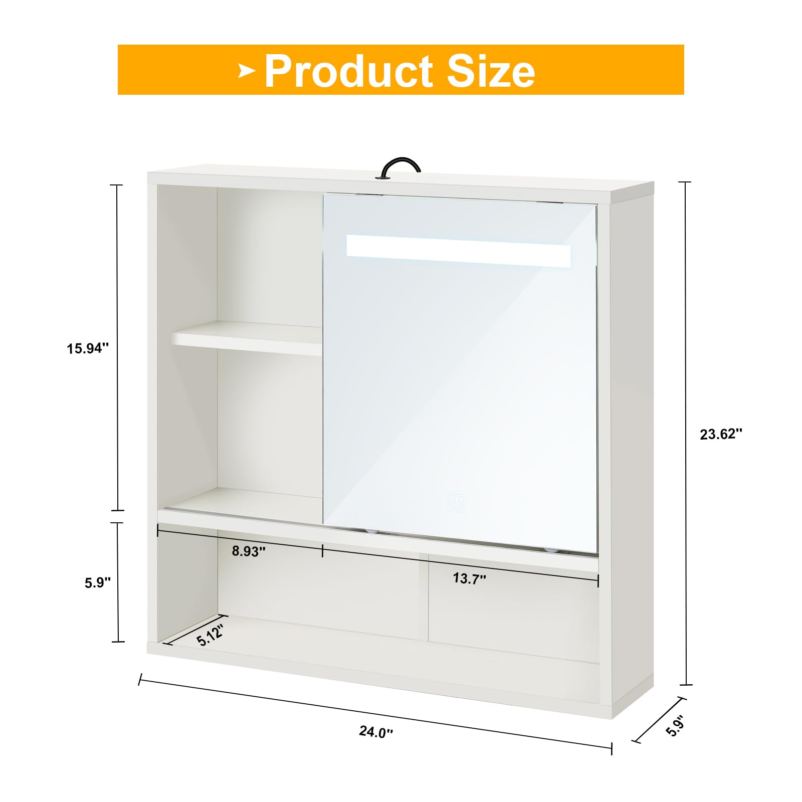 Sunghome Medicine Cabinet Mirror Bathroom Wall Cabinet, LED Light Bathroom Mirror with Storage, Medicine Cabinets with Slid Door and Adjustable Shelf, White, 24'' x 23.6''