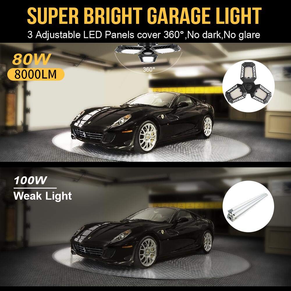 LED Garage Ceiling Light - Merece Upgraded 80W Garage Light Bulb 8000LM E26 Deformable Three Leaf Garage Light, Adjustable Tribright Led Garage Lighting for Shop Warehouse Basement (No Sensor,Black)