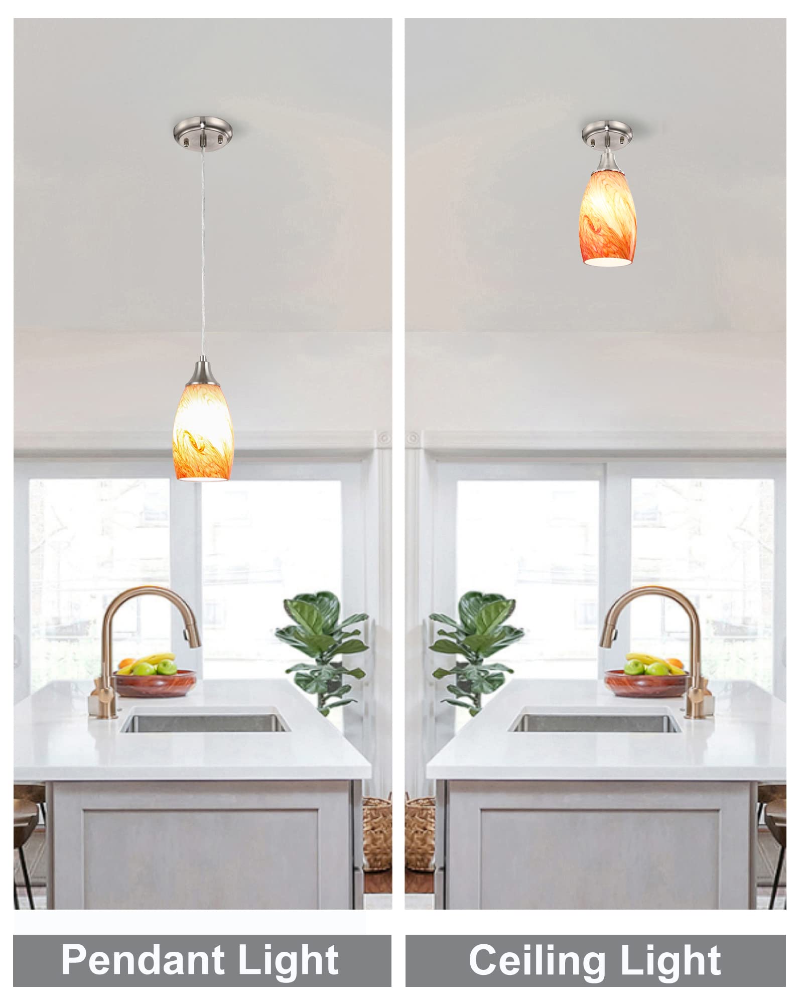 karyfine Art Glass Mini Pendant Lights Kitchen Island Marble Glass Pendant Light Shade with Brushed Nickel Finish Ceiling Hanging Lights for Kitchen Over Sink,Dining/Living Room Red Marble-1Pack