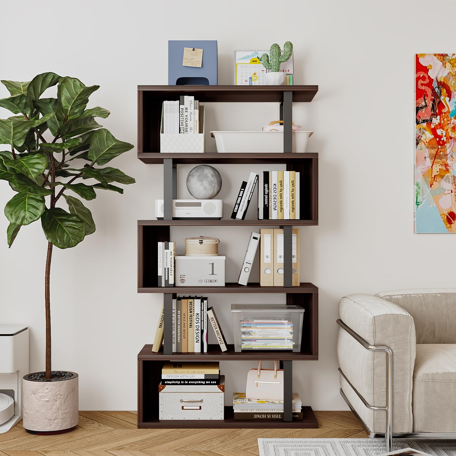 SORCEDAS Bookshelf Geometric Bookcase S Shaped Industrial Bookshelf Storage Display Stand Shelf for Living Room Bedroom and Office Room (Black, 5 Tier)