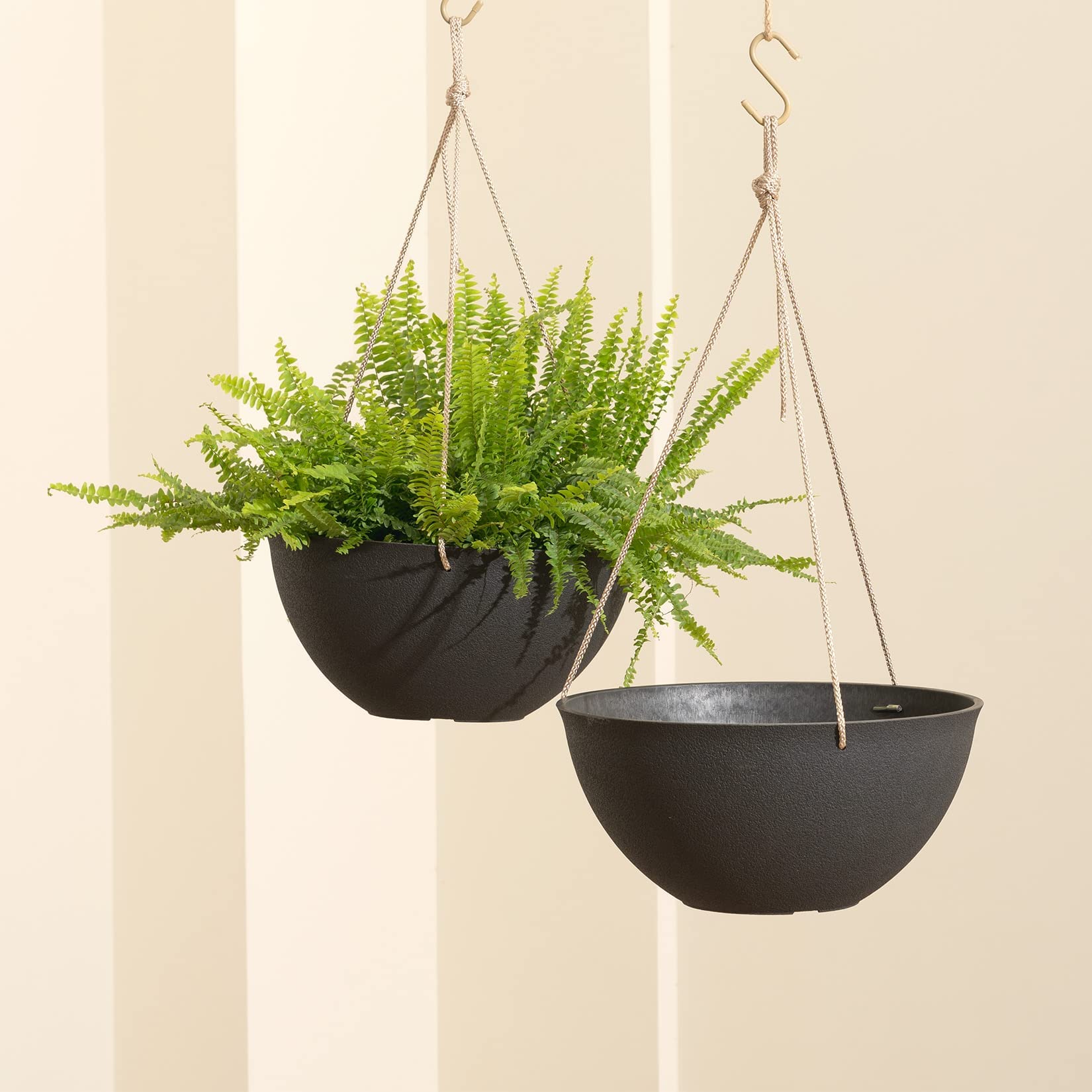 LA JOLIE MUSE Hanging Planters for Outdoor Plants, Large Hanging Planter with Drain Holes, Black Hanging Flower Pots (13.2 Inch, Set of 2)