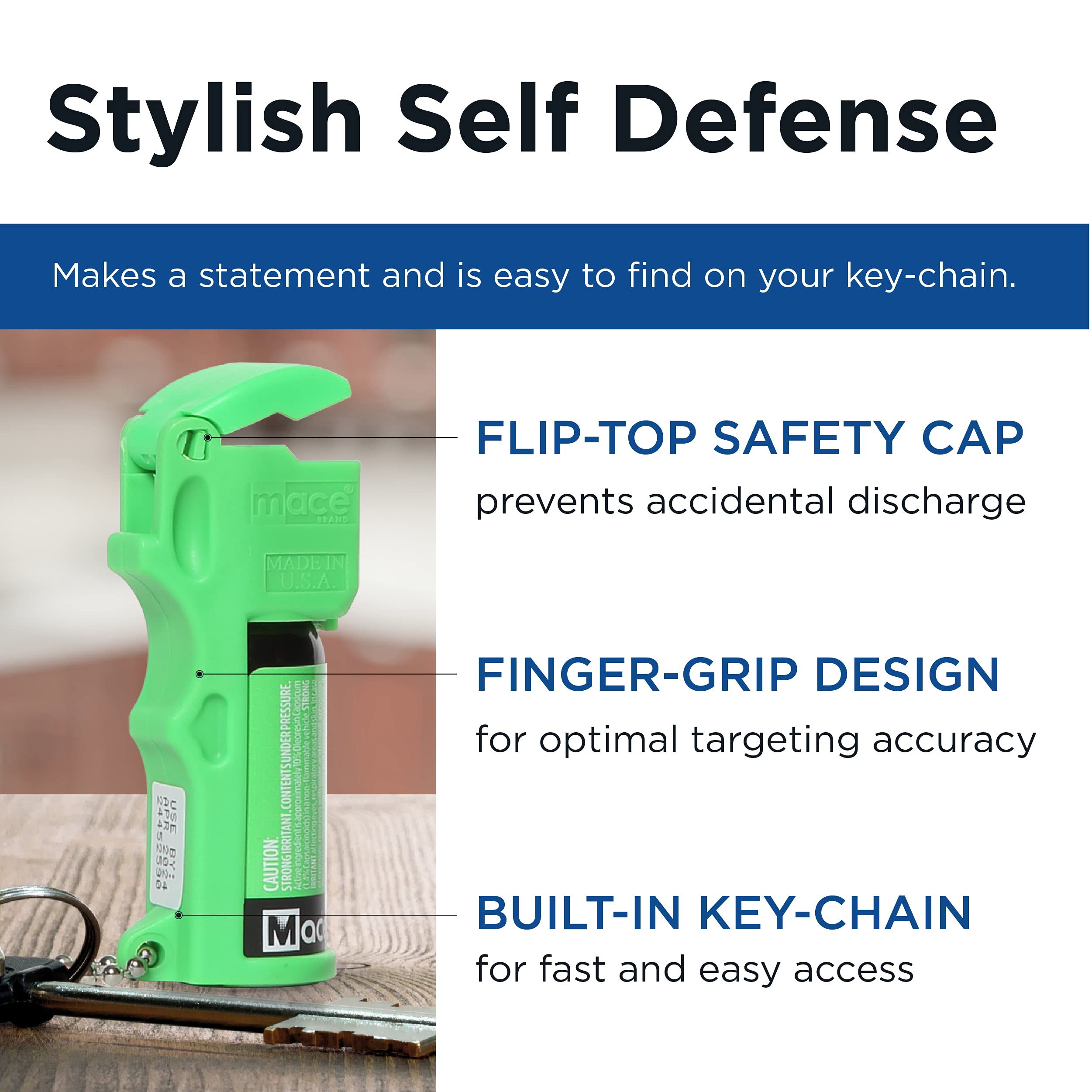 mace Brand Pocket Pepper Spray (Neon Green) β Accurate 10β Powerful Pepper Spray with Flip Top Safety Cap, Leaves UV Dye on Skin β Great for Self-Defense