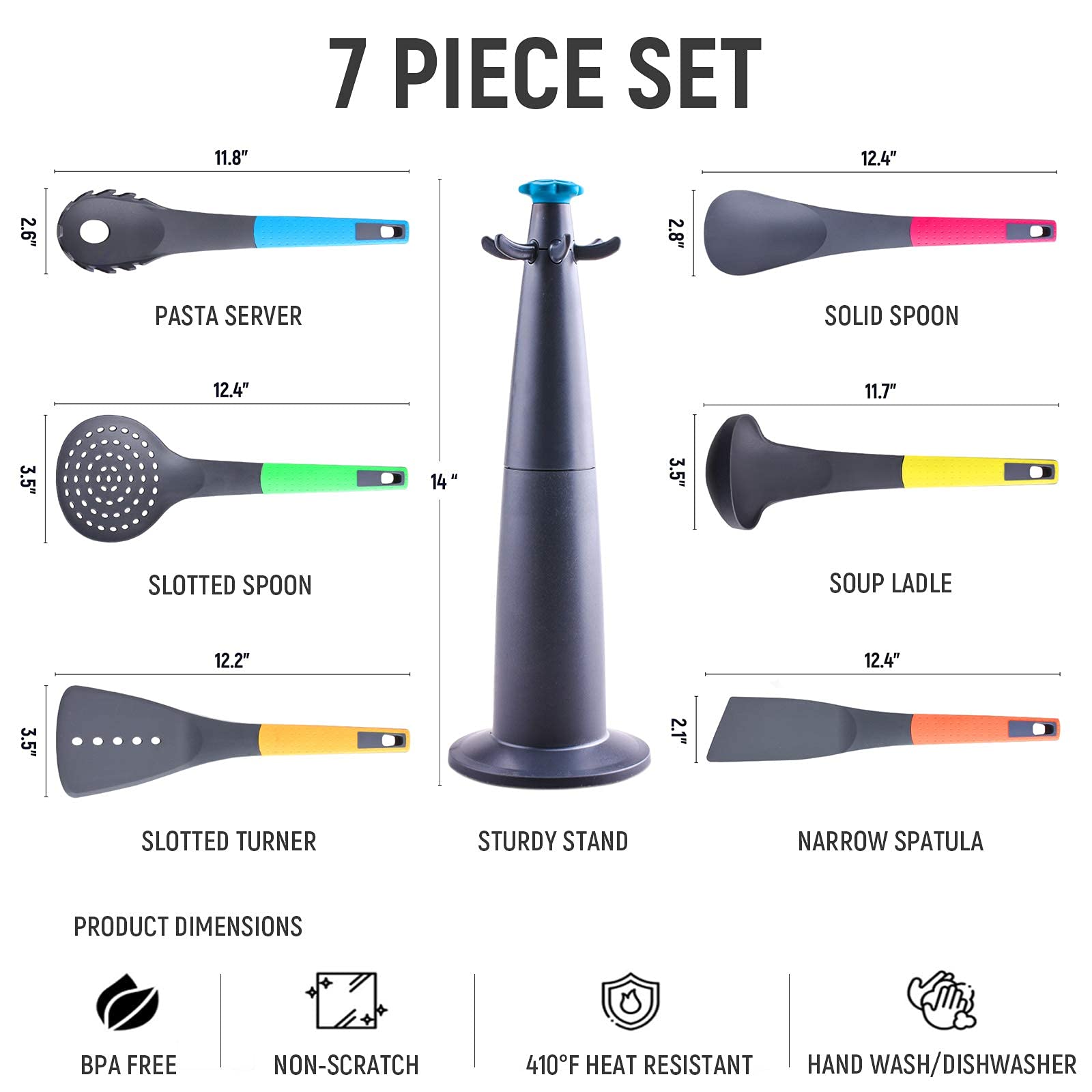 Kitchen Gadgets, Kitchen Utensils Set, Cooking Utensils Set- FASAKA 7Pcs Kitchen Utensils-Utensil Holder, Nylon Cooking Utensils with Rotating Kitchen Utensil Holder,Non-Stick Heat Resistant BPA Free
