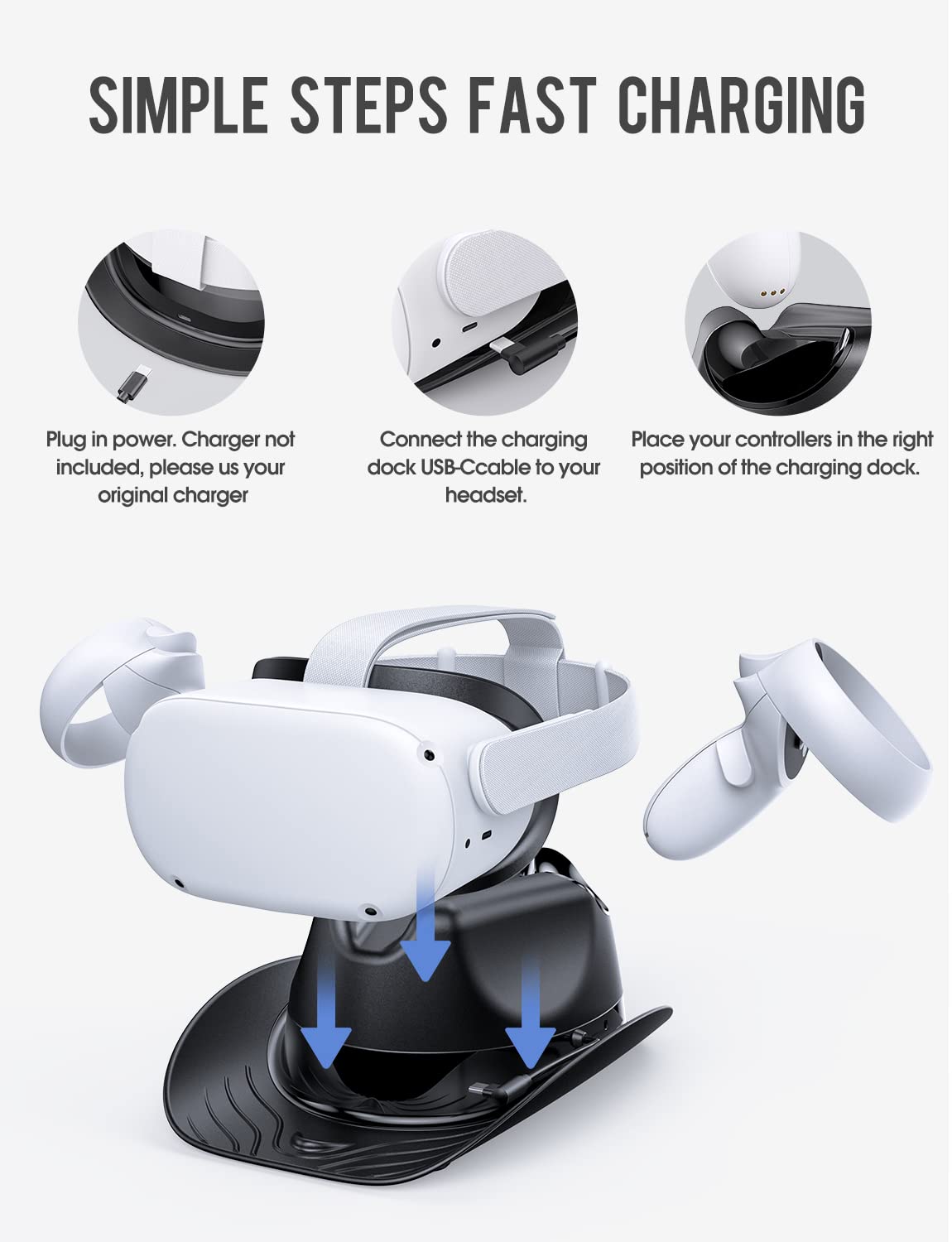 PHNIXGAM Charging Dock Compatible with Oculus Quest 2/Meta Quest 2, Charge VR Headset and Controller Simultaneously, with 2 Rechargeable Batteries, Controller Covers and Type-C Charging Cable (Black)