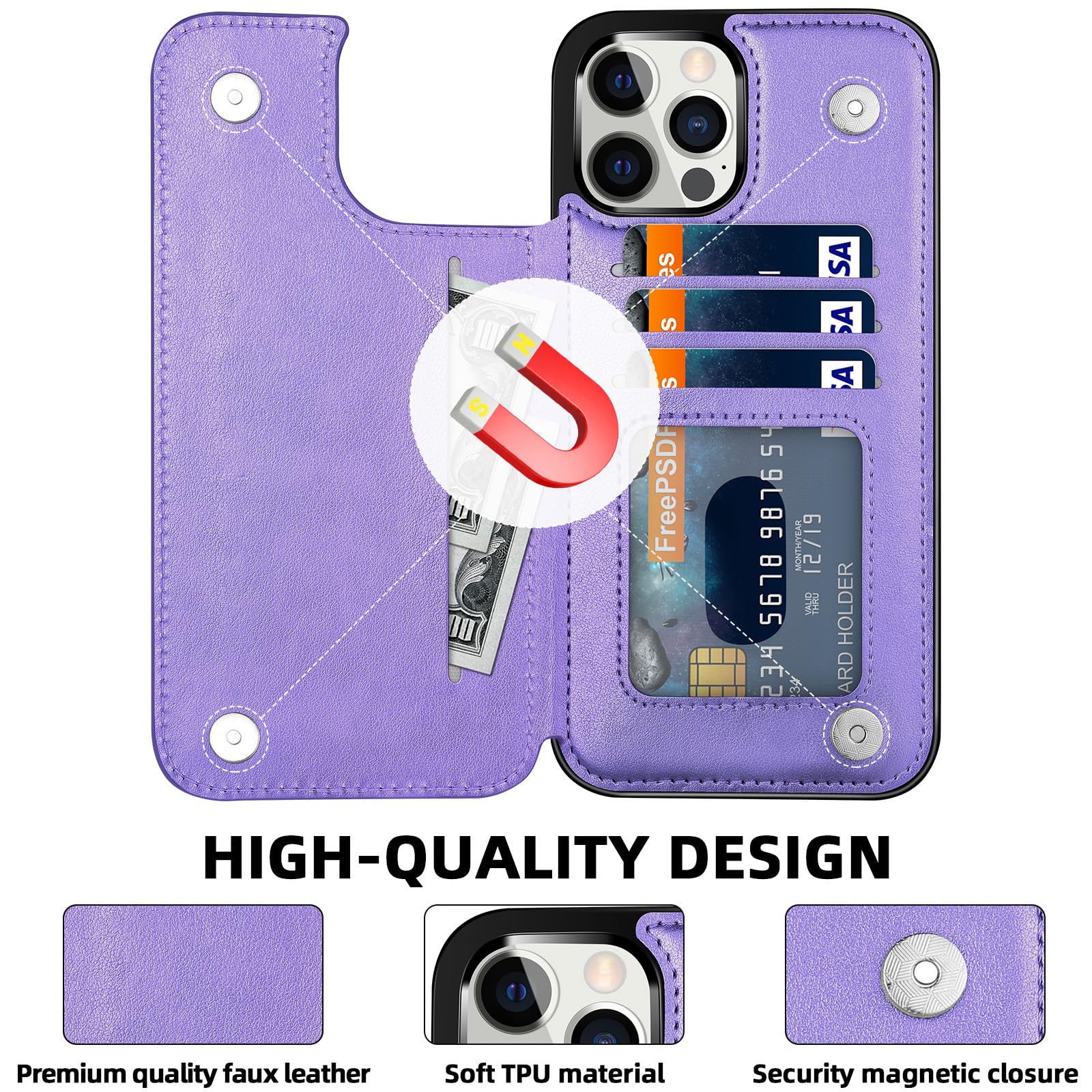 iMangoo for iPhone 15 Pro Max Case Wallet Credit Card Holder Slot,iPhone 15 Pro Max Case Women Cute Flower Pattern PU Leather Magnet Clasp Flip Cash Sleeve Phone Cover for iPhone 15 Pro Max Purple