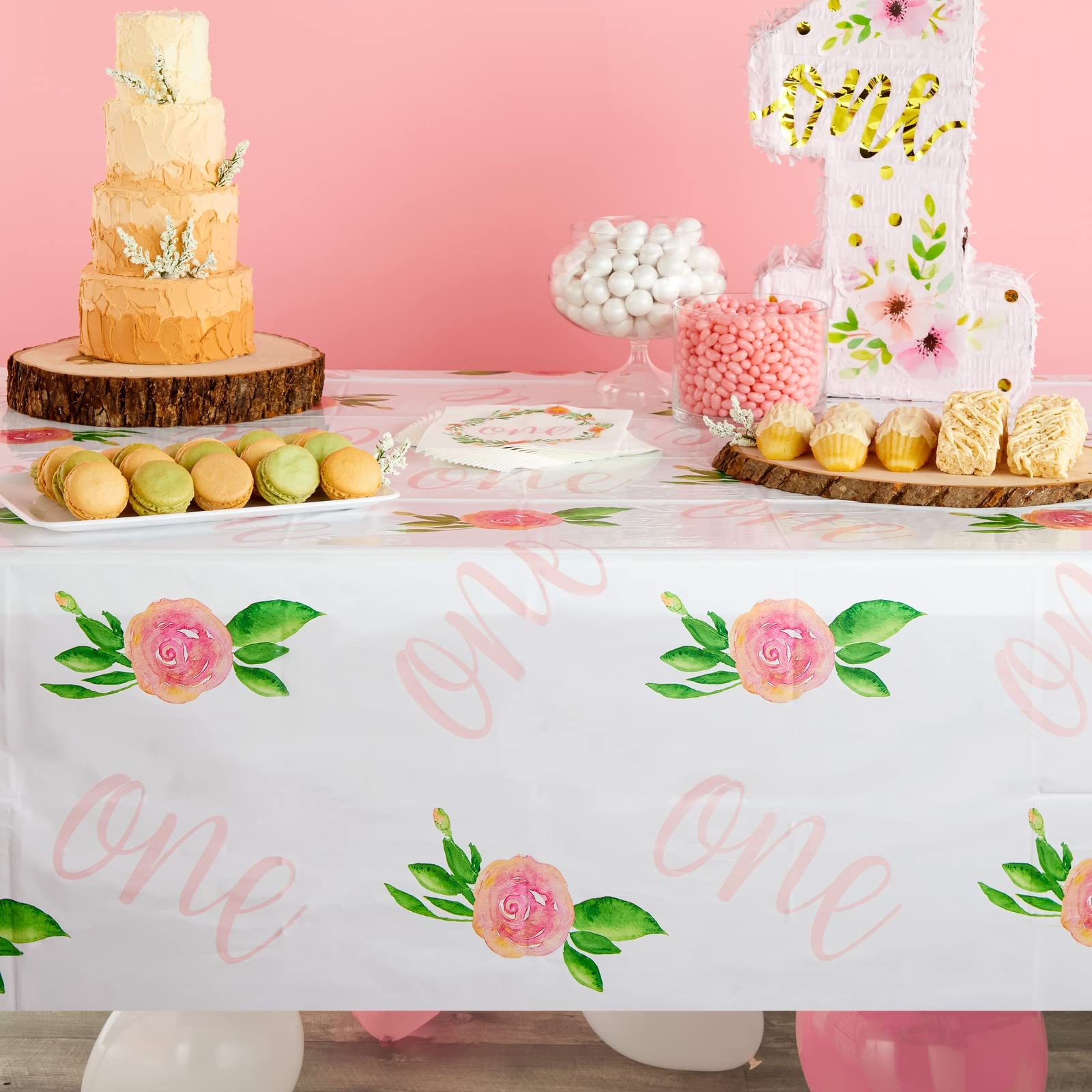 Juvale 3 Pack One Tablecloth for Girls Floral 1st Birthday Themed Party Decorations, Plastic Table Covers (54 x 108 in)