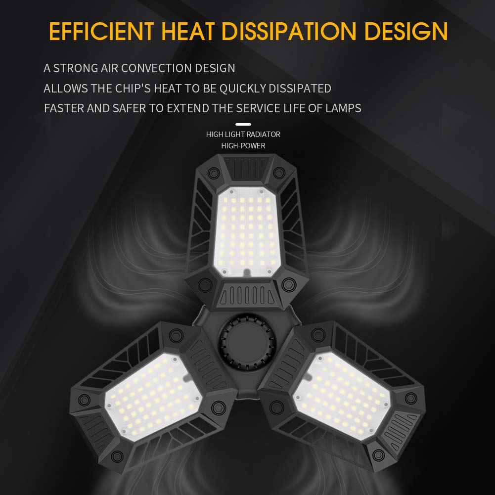 LED Garage Light,60W E26/E27 6000LM Deformable Bay Lighting,Led Shop Light with 3 Adjustable Aluminum Panels,6000K Daylight Garage Light for Workshop Basement Storage and Barn