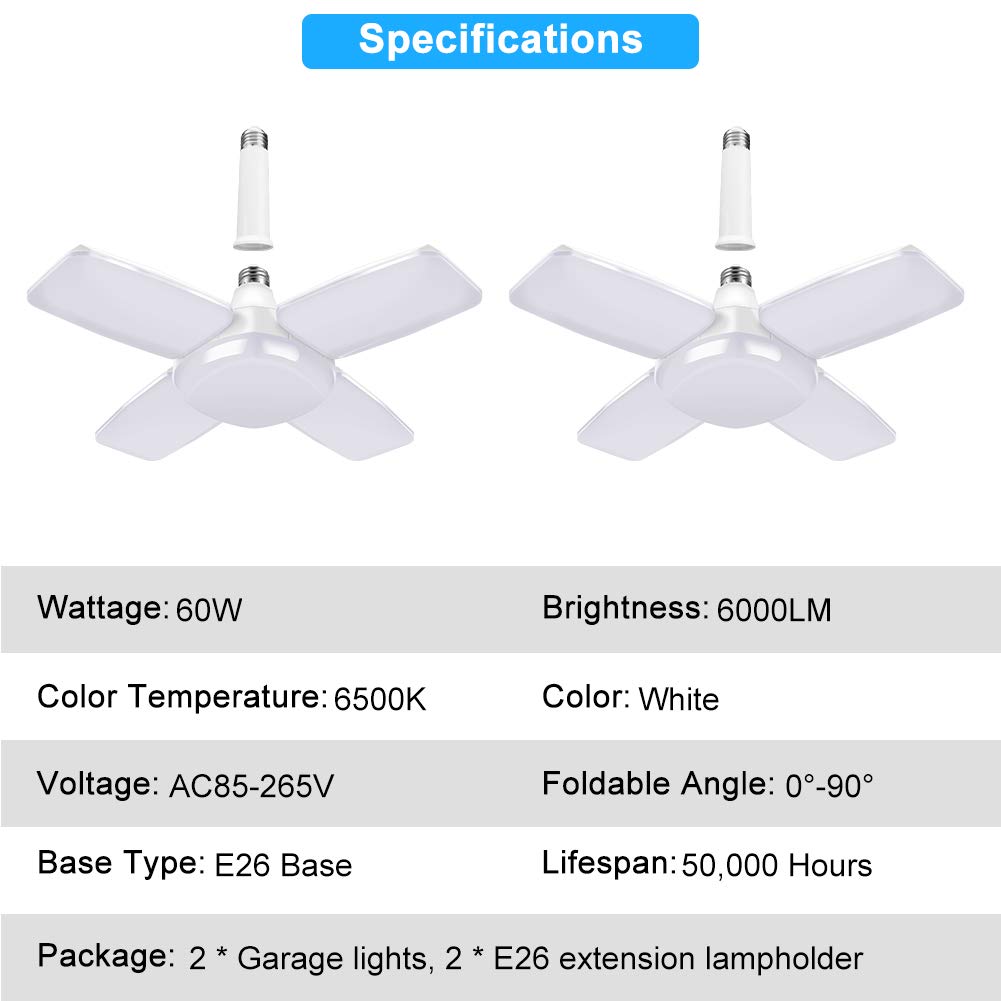 LED Garage Lights 2 Pack 60W 6000LM Garage Light Deformable LED Garage Ceiling Lights 6500K Daylight 5 Adjustable Panles E26 Base LED Basement Lights Garage LED Lights for Warehouse Workshop Office