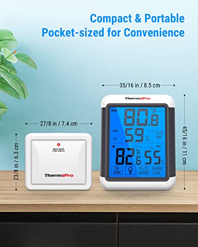 ThermoPro TP65 Indoor Outdoor Thermometer Digital Wireless Hygrometer Temperature Humidity Monitor with Jumbo Touchscreen and Backlight Humidity Gauge,LCD