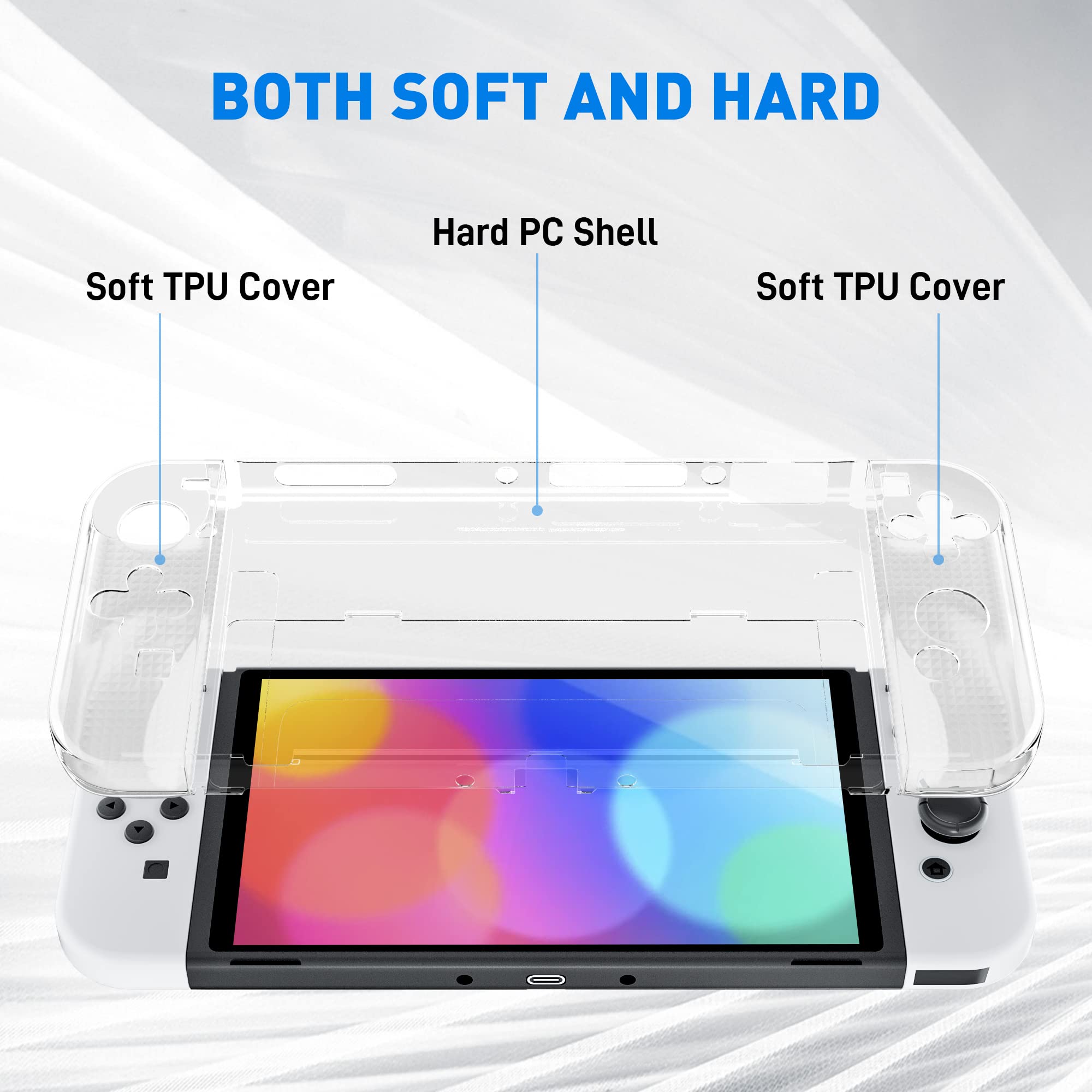 LASTYAL Flip Protective Clear Case Compatible with Nintendo Switch OLED, Hard PC Console Flip Shell and Grid Pattern Comfortable Grip Cover for Joycon Controller