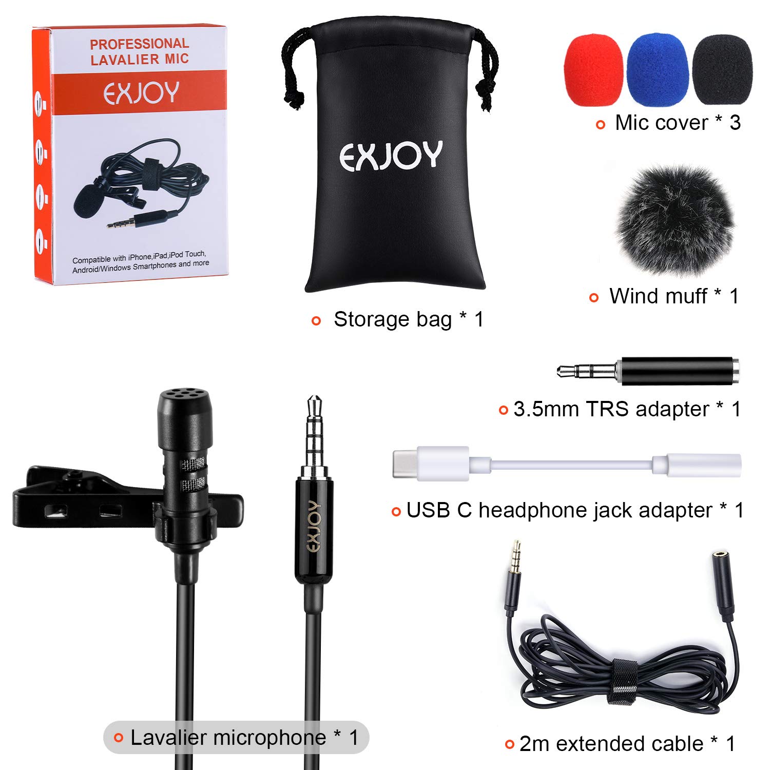 Lavalier Microphone with 2m Audio Extension Cable and Type-C Adapter EXJOY Lavalier Condenser Microphone for YouTube/Interview/Videoconference/Podcast