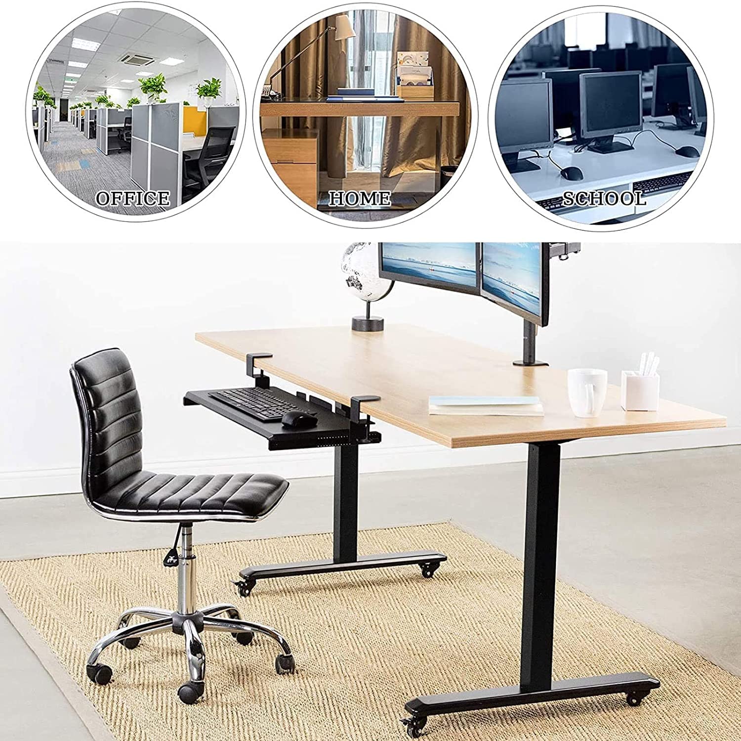 Keyboard Tray Stores Under Desk Sliding Keyboard Shelf Under Desk - Black Wooden Keyboard Tray for Home Office - Clamp-on - Sturdy and Easy to Install, Pull-Out Drawers Platforms