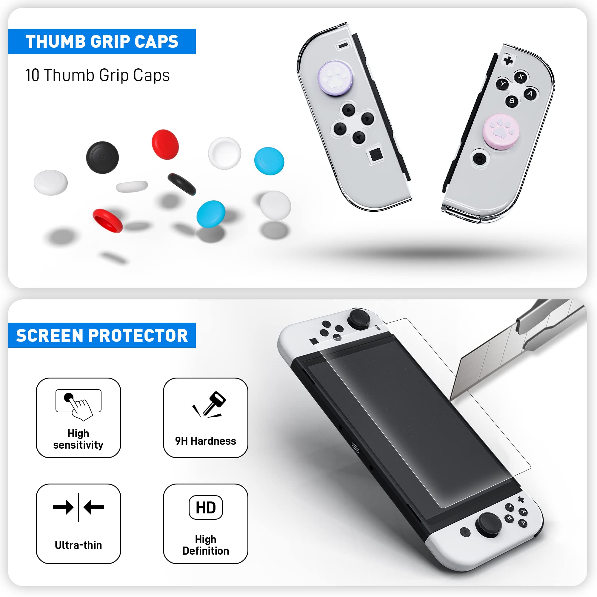 LASTYAL Glitter Flip Clear Case Compatible with Nintendo Switch OLED, Hard Console Protective Case and TPU Shell for Joycon Controller with Screen Protector and 12 Thumb Grip Caps