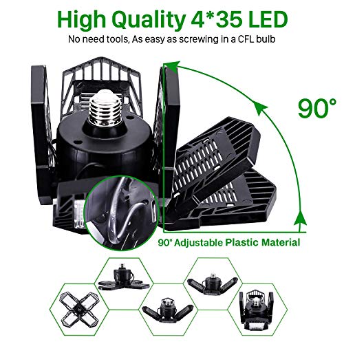 LED Garage Light,60W Four Leaf Tribright Deformable LED Lights, 6000 Lumen Quadruple Glow LED Garage Light, CRI 80, 6000K Retractable Garage Ceiling Light for Warehouse, Basement, Barn (Black-2 Pack)