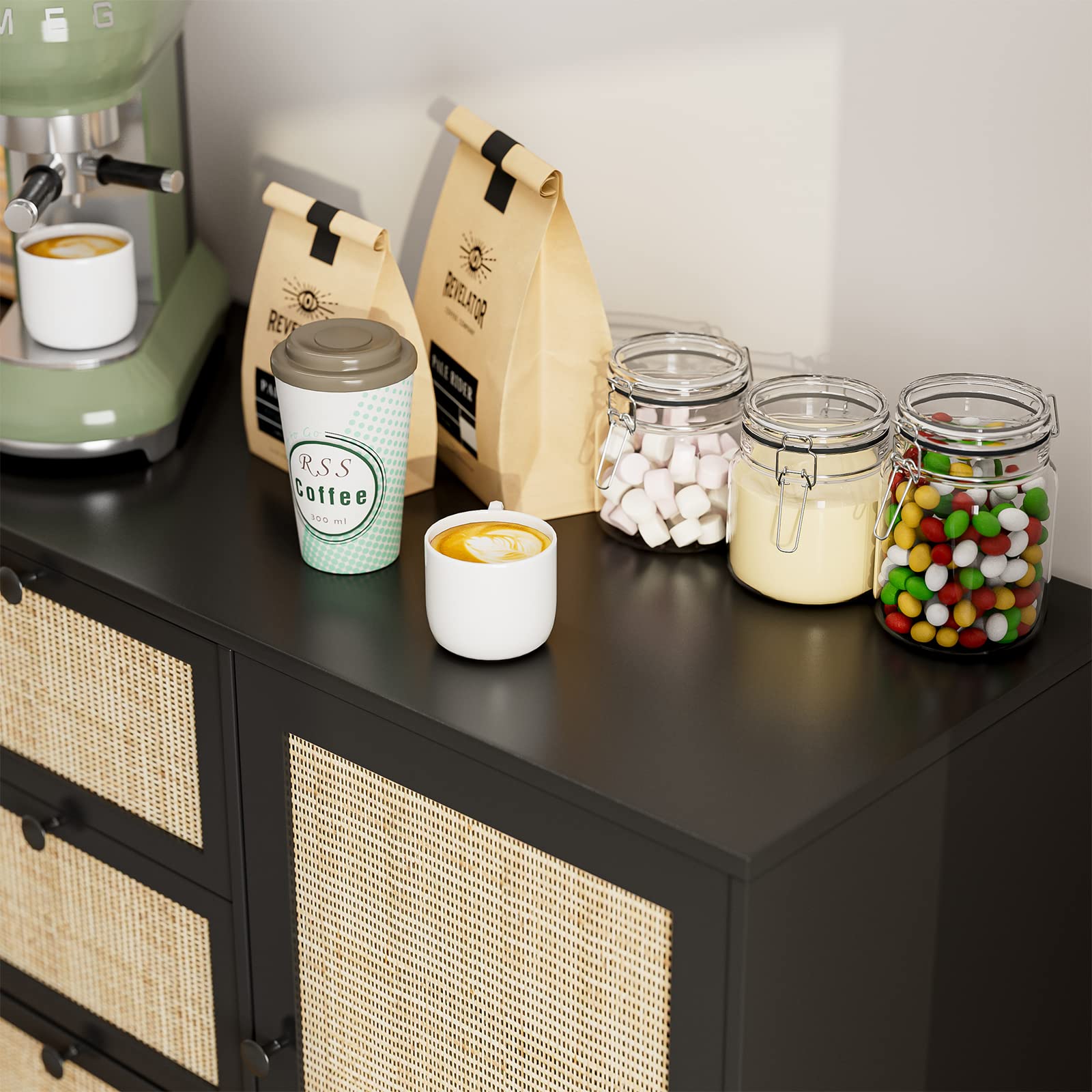 IKIFLY LED Sideboard Buffet Cabinet with 3 Drawers & 2 Doors, Modern Kitchen Rattan Storage Cabinet for Dining Room, Kitchen, Living Room, Entryway