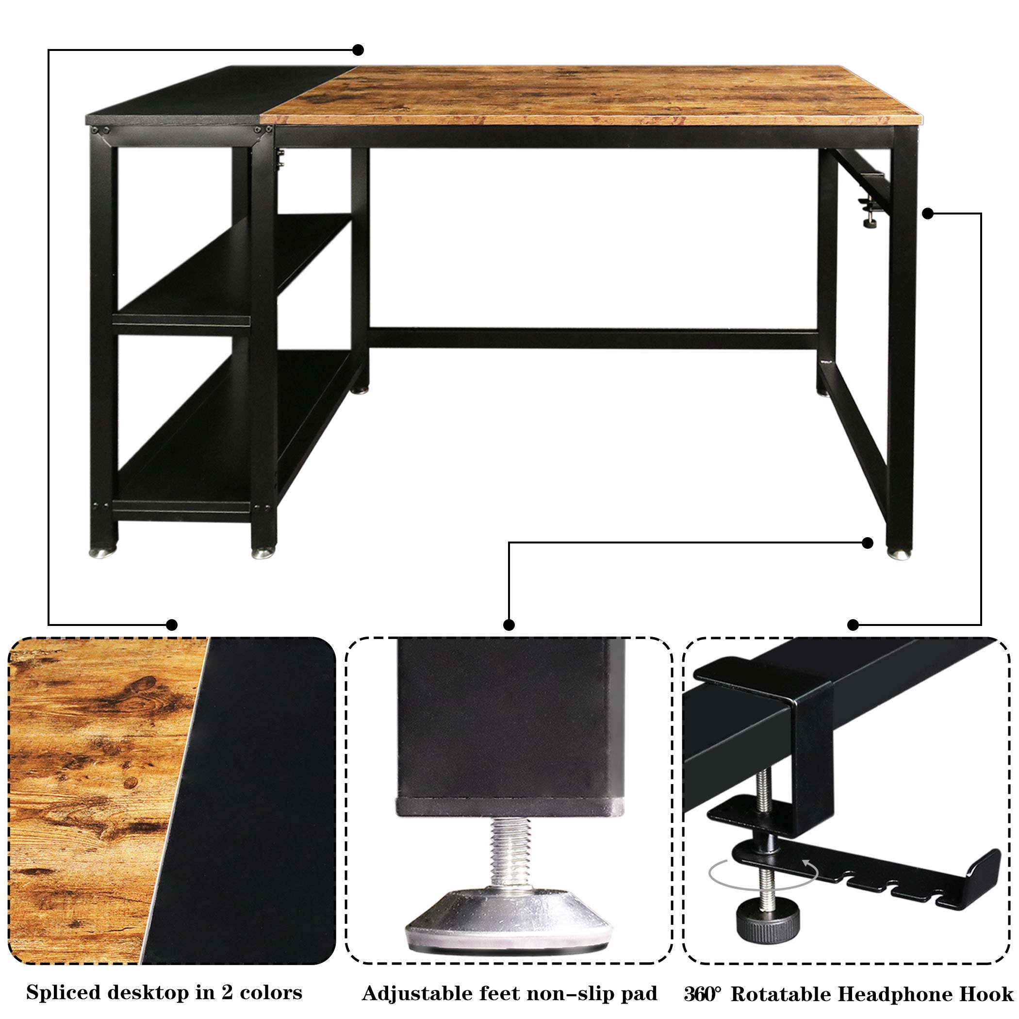 LAVIEVERT 55 inch Computer Desk with Splice Board, Modern Simple Style PC Desk with 2 Storage Shelves, Study Writing Table Multipurpose Workstation for Home Office - Rustic Brown/Black