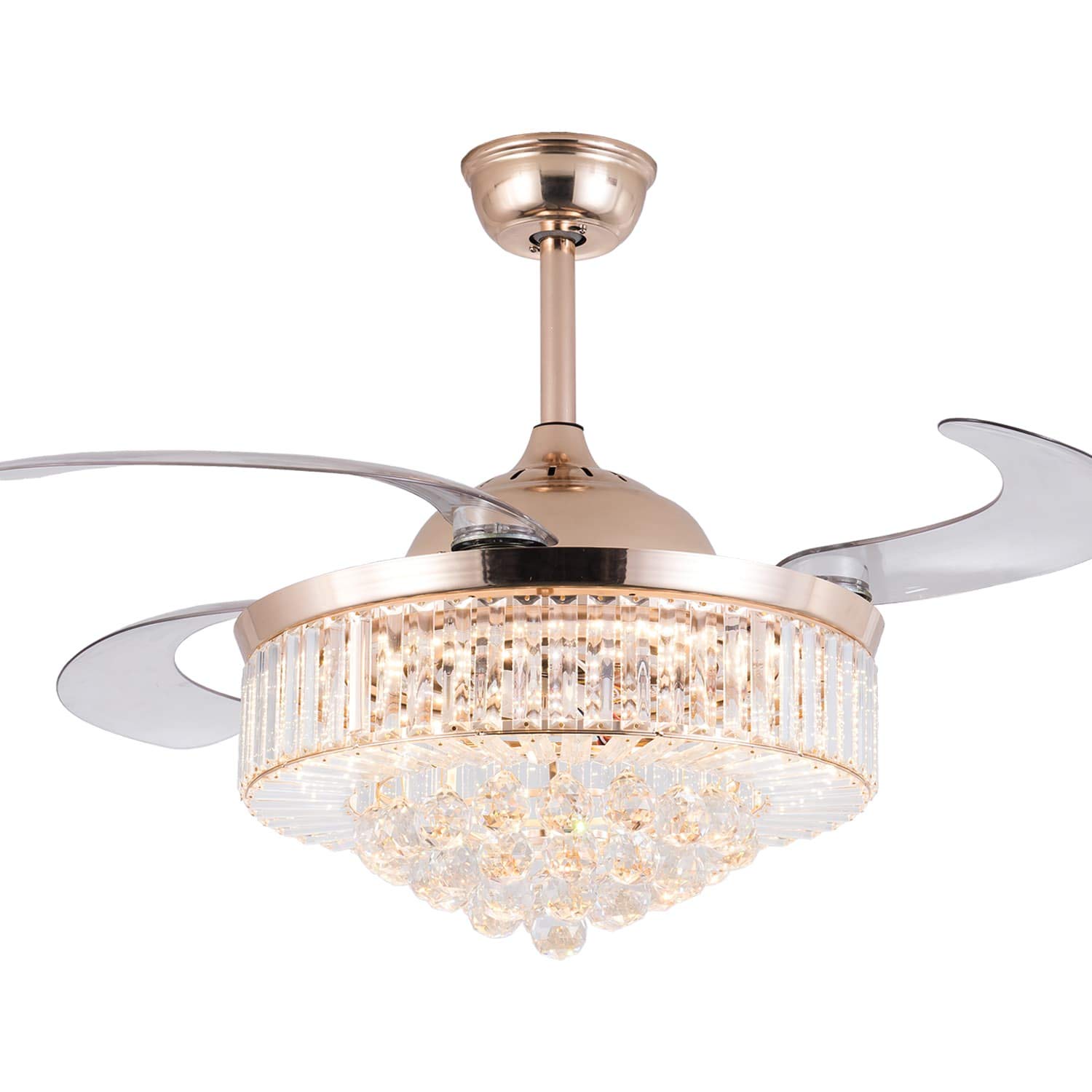 JVUJVCI Retractable Crystal Ceiling Fan with Light, Invisible Ceiling Chandelier Fan with Light and Remote, 3 Color Changes Lighting Silent LED Indoor Fans Gold (42 Inch)