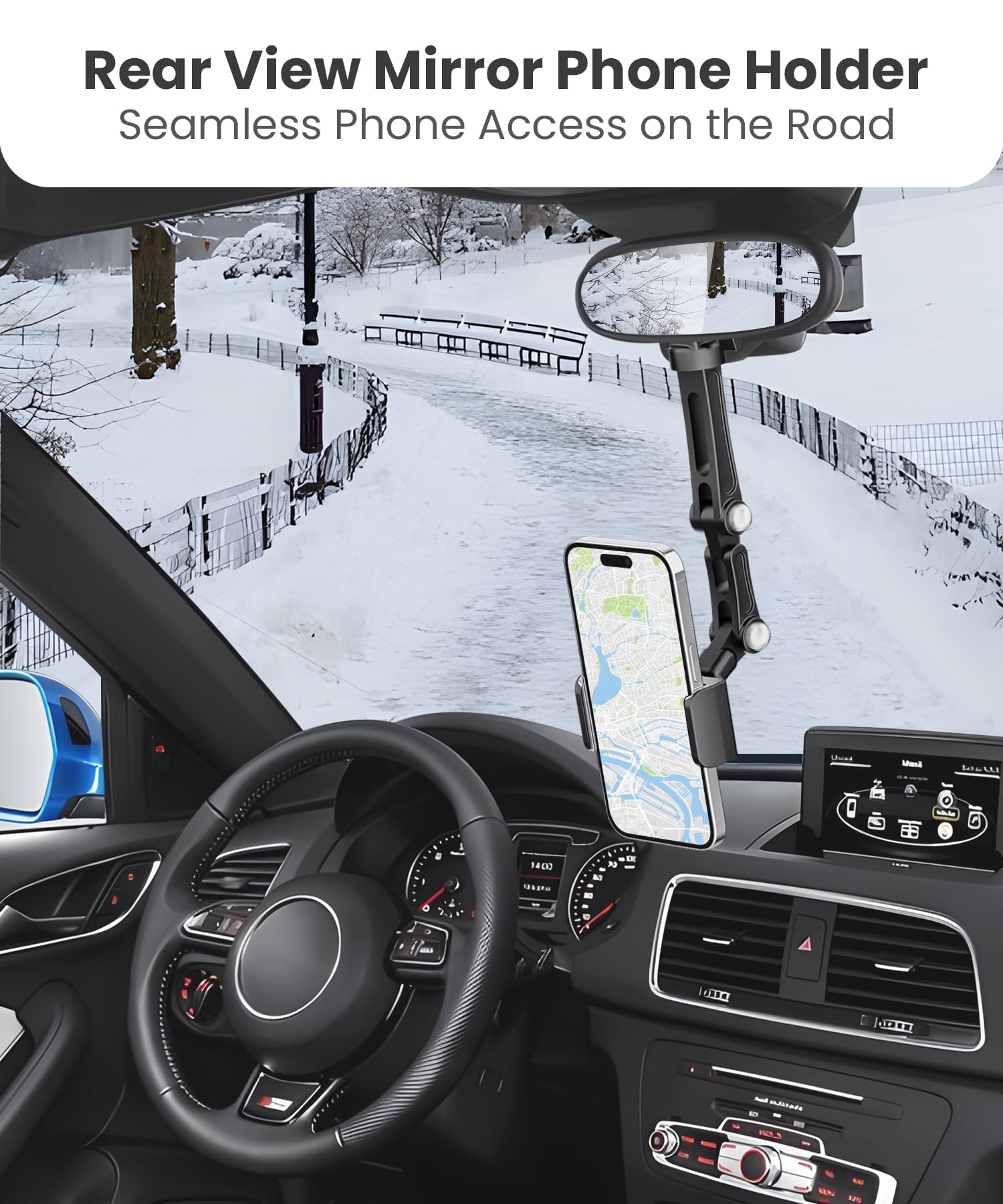Karmus Mirror Phone Holder, Portable Electronic Device Mount. Compatible with All Cell Phones, Rotatable & Retractable. Ideal for Cars & Trucks