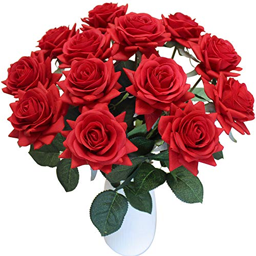JOEJISN Artificial Flower Roses Fake Roses 12pcs Real Touch Artificial Roses Silk Artificial Roses Long Stem Bridal Wedding Bouquet for Home Garden Office Wedding Decorations (Red)