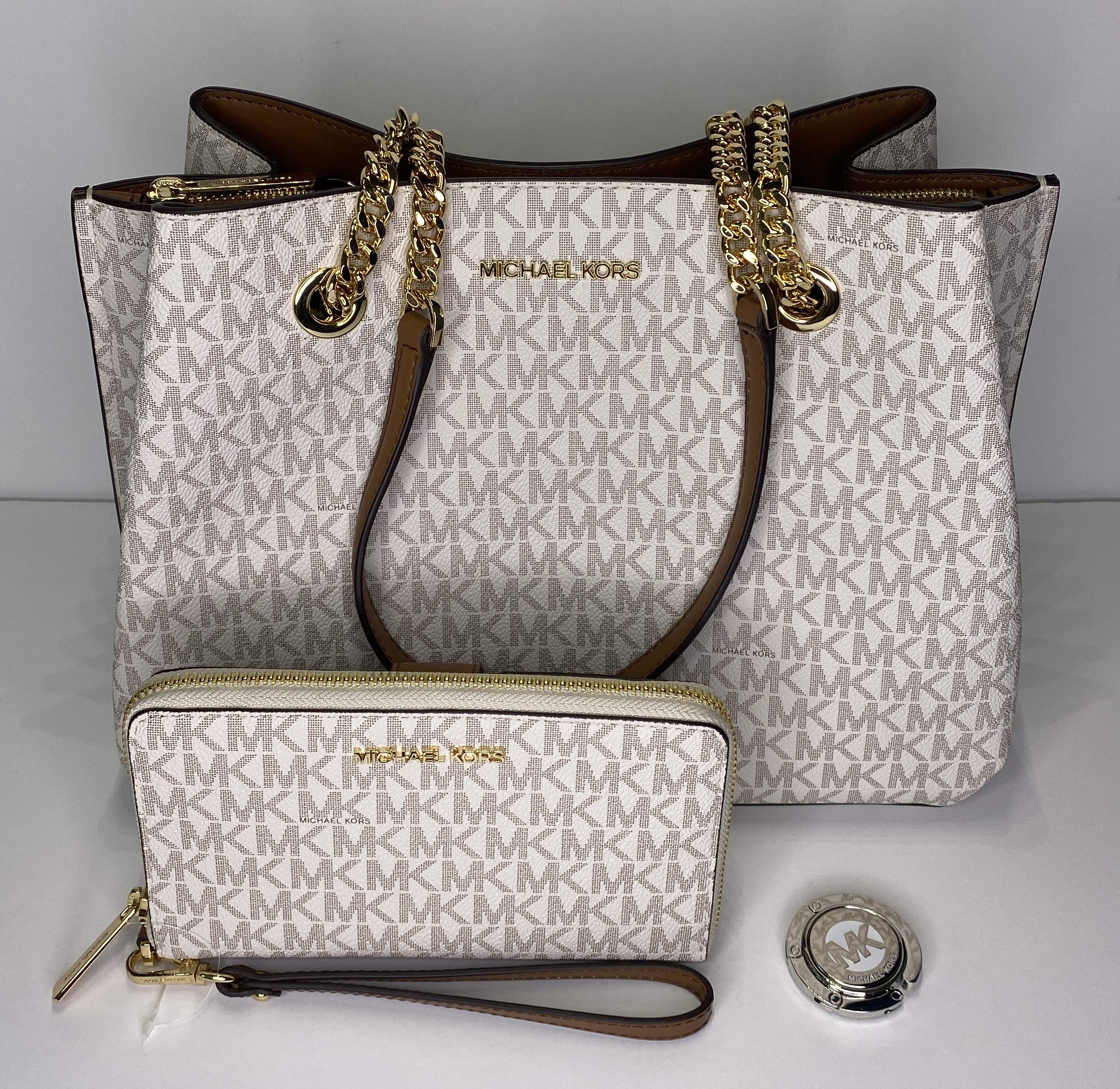 MICHAEL Michael Kors Teagen Satchel bundled with Phone Wallet/Wristlet & Handbag Hook (Signature MK Vanilla)