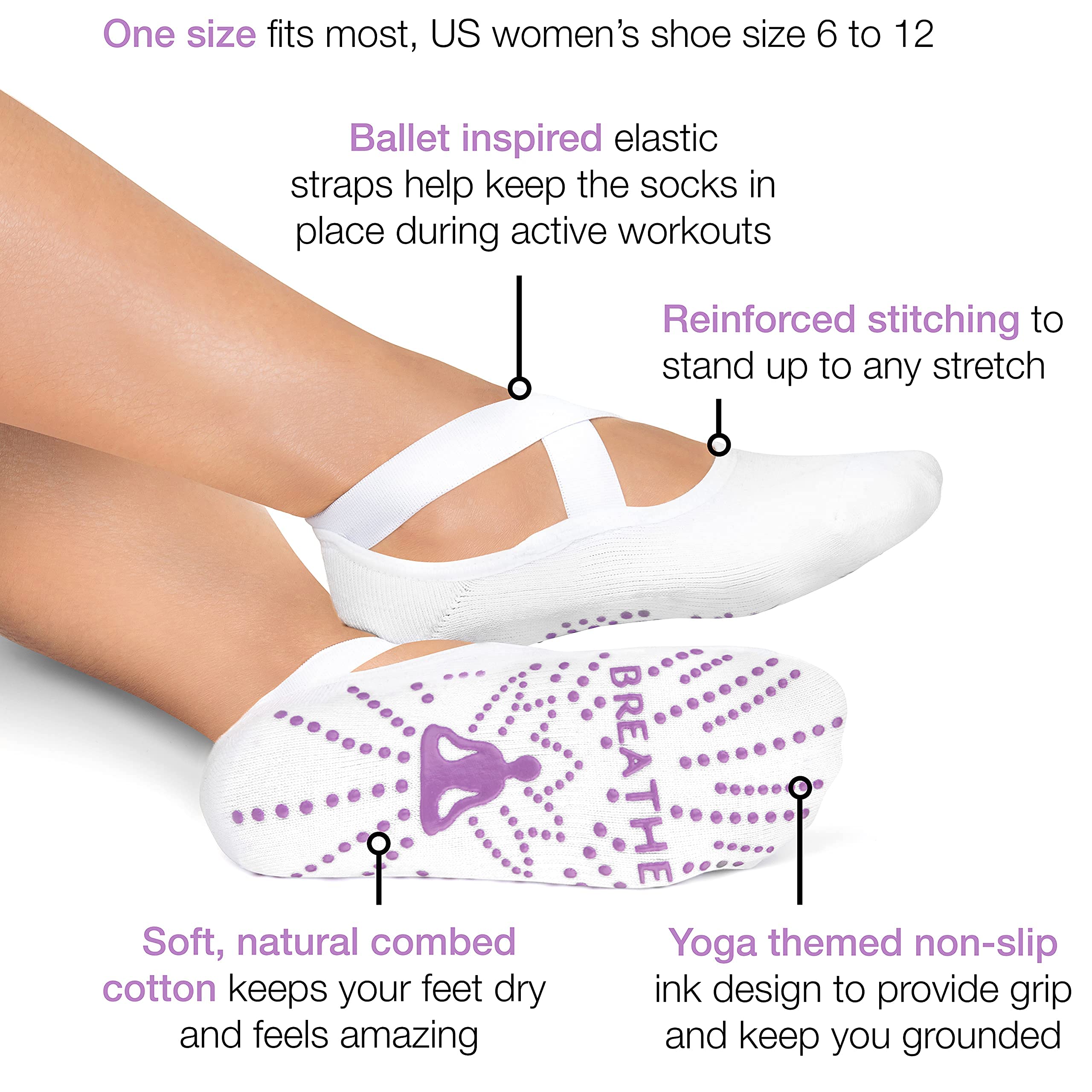 Lavley Yoga Socks for Women with non slip grip Namaste, Breathe, and Sloth Designs (2 Pack - Breathe + Namaste)