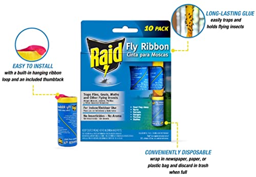Raid Fly Ribbon, Fly Traps for Indoors and Outdoors, Bug Trap for Flying Insects, Pack of 10