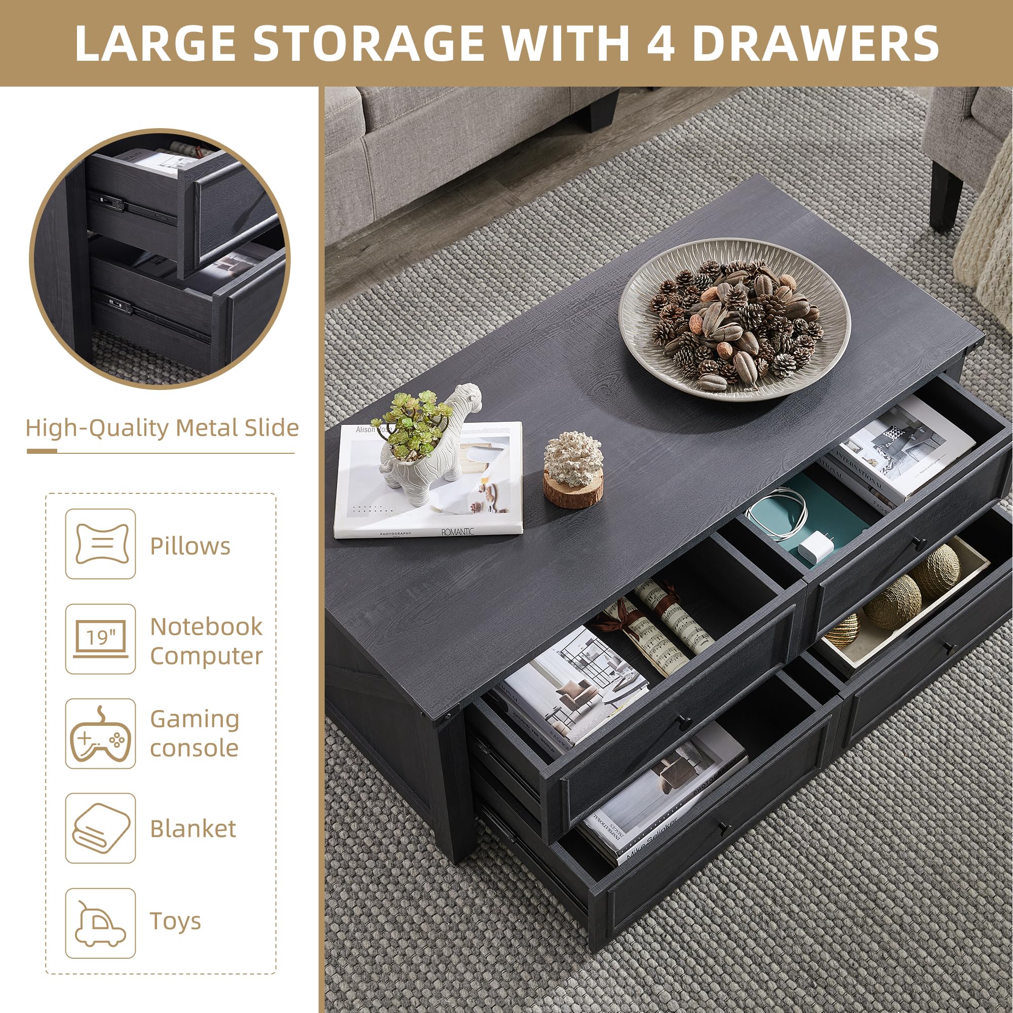 JXQTLINGMU 48” Farmhouse Coffee Table with 4 Large Storage Drawers, Modern Center Table with Barn Door for Living Room, Office, Rustic Rectangle Cocktail Table(Black)