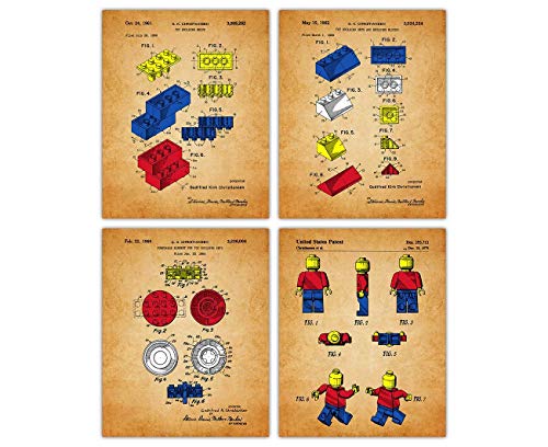 Vintage Lego Patent Print, Aesthetic Wall Posters and Unique Art Prints Picture for Bathroom, Home, Man Cave, Dorm, Office & Bar Wall Decor Poster | Set of 4 Unframed Posters 8x10"