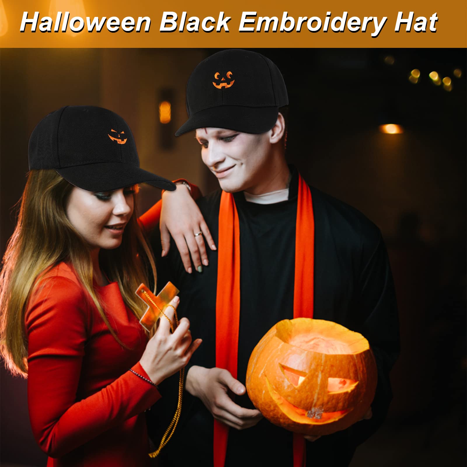 OBANGONG 4 Pcs Halloween Baseball Cap Pumpkin Baseball Dad Hats Adjustable Embroidery Ghost Smile Cap Unisex Black Cap for Men Women Daily Use