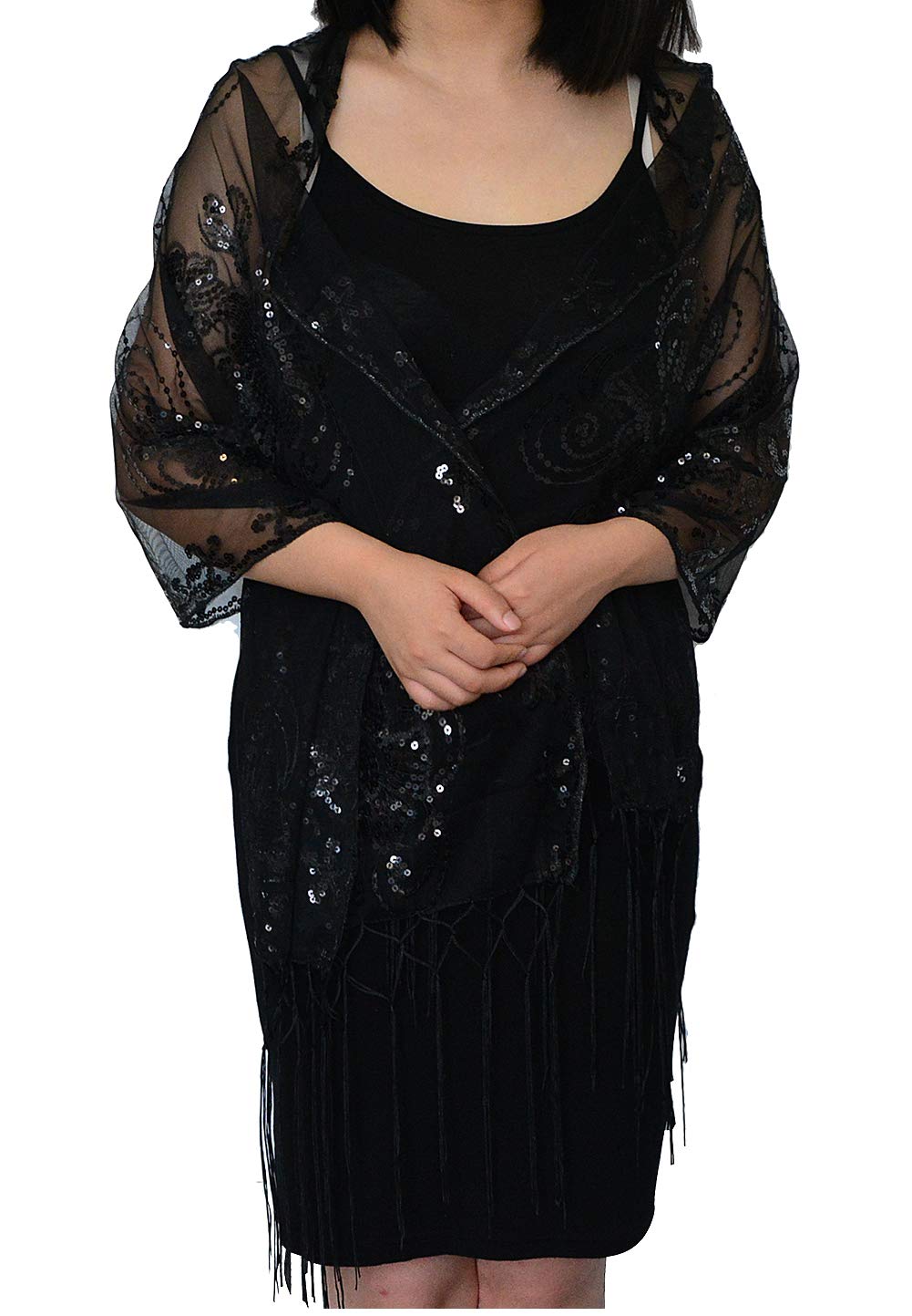 L'VOW Women's Glittering 1920s Scarf Mesh Sequin Wedding Cape Fringed Evening Shawl Wraps(Black)