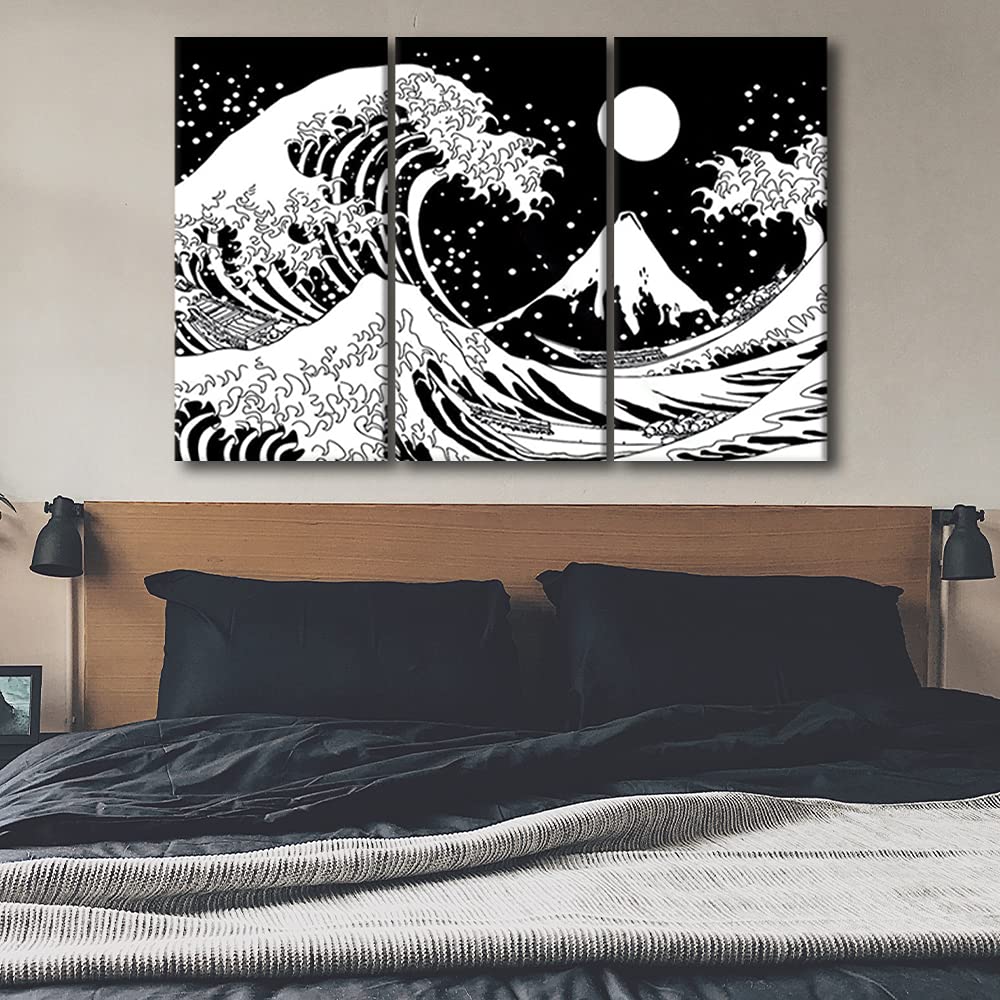 Kanagawa Great Wave Canvas Wall Art Multi Panel Black and White Paintings, Japanese Wave Artwork Home Decor for Living Room Wave with Sun Picture Giclee Framed Stretched Ready to Hang, 36" Wx24 H