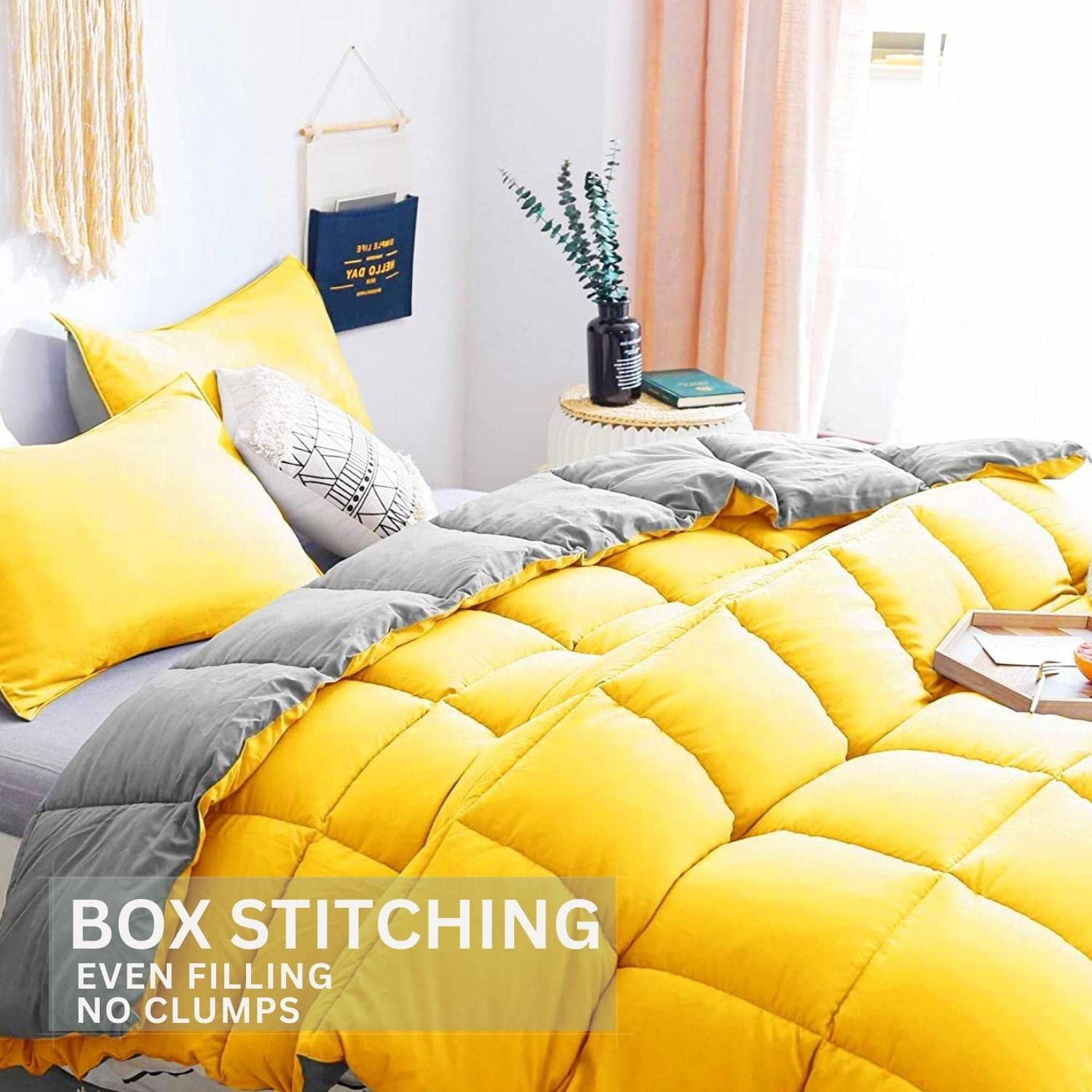 KASENTEX Dual-Sided Yellow and Grey Comforter Set, 2 Pieces Lightweight Teen Solid Bedding Set & Collections, All Season Fluffy Bed Set (68x88in Comforter & 1 Pillowcase)