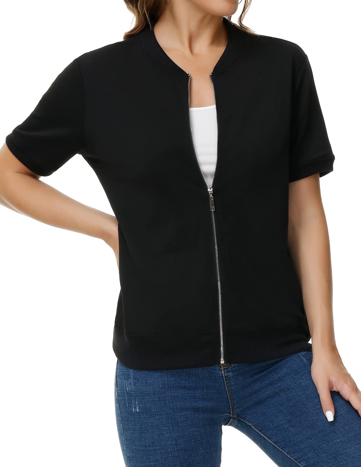 KANCY KOLE Womens Short Sleeve Sweatshirt with Pockets Full Zip Jacket Casual Pullover Shirt for Women(M,Black)