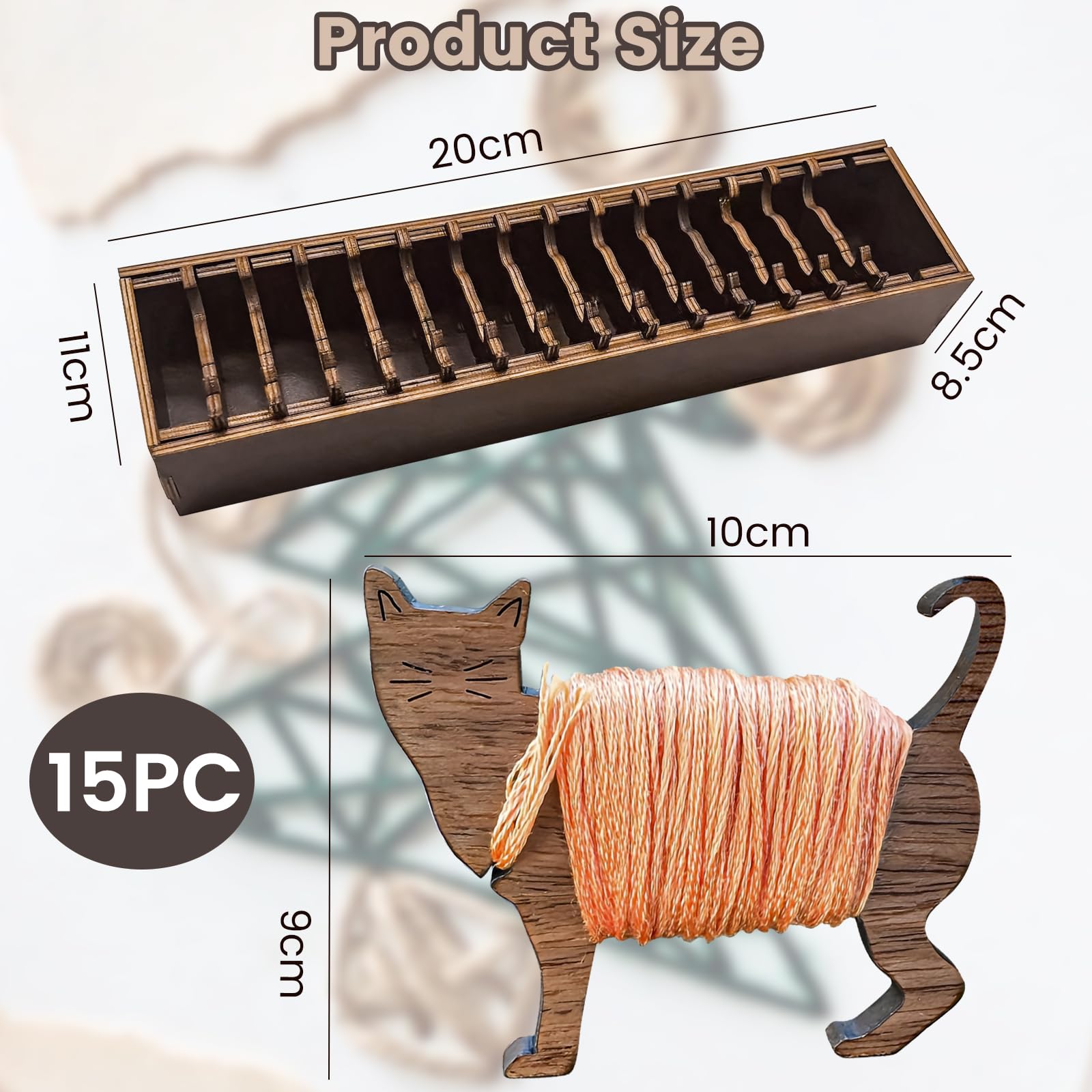 Wooden Animal Bobbin Set,Wooden Sewing Storage Set,15 Wooden Cat Shape Spools Set,Bobbin Organizer,Embroidery Floss Bobbins Organizer Box,Sewing Tool,Sewing Storage