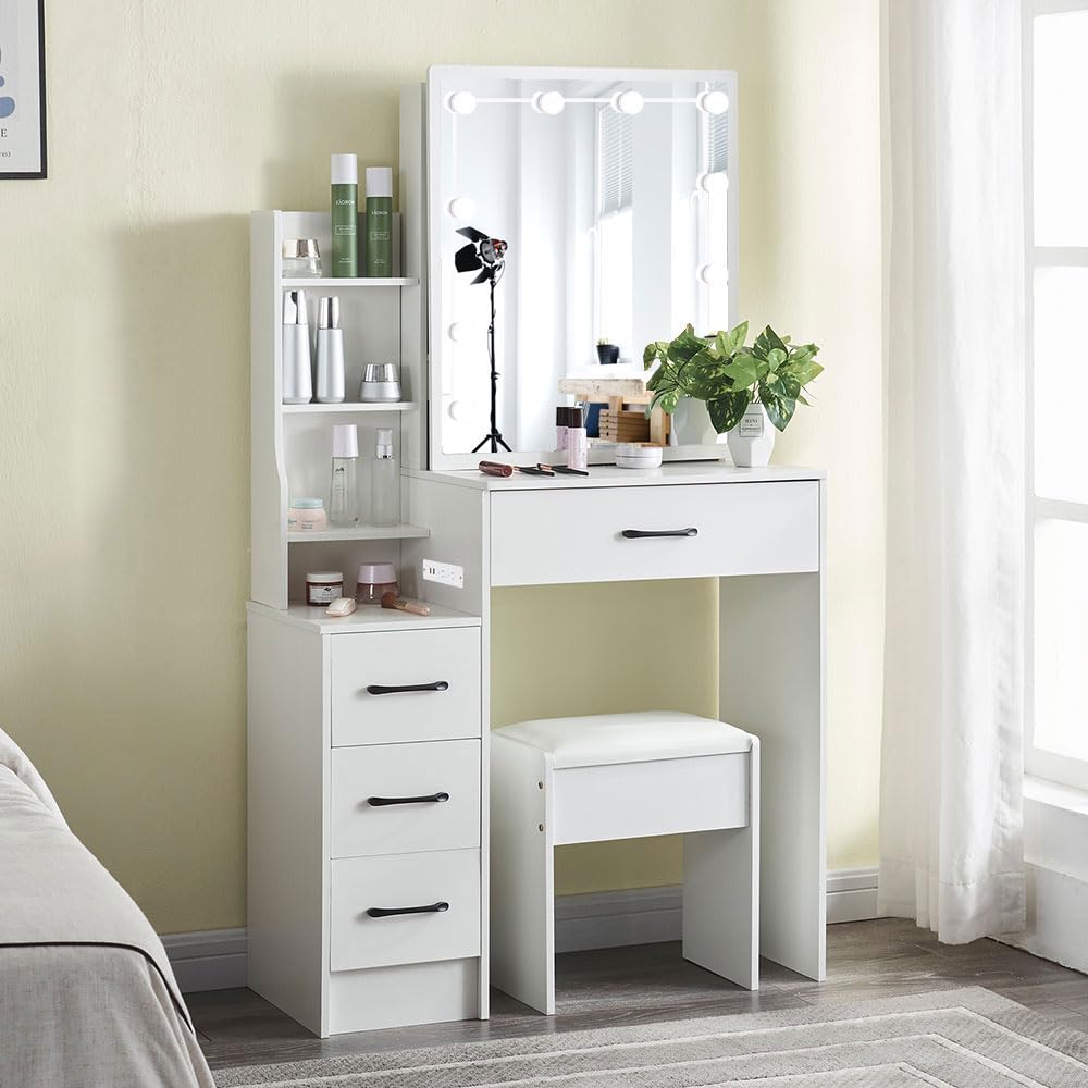 JBLCC Makeup Vanity Table with Lighted Mirror,Makeup Vanity with Power Outlet and Drawers, Storage Shelves, Vanity Desk for Woman Girls, White (5903USB)