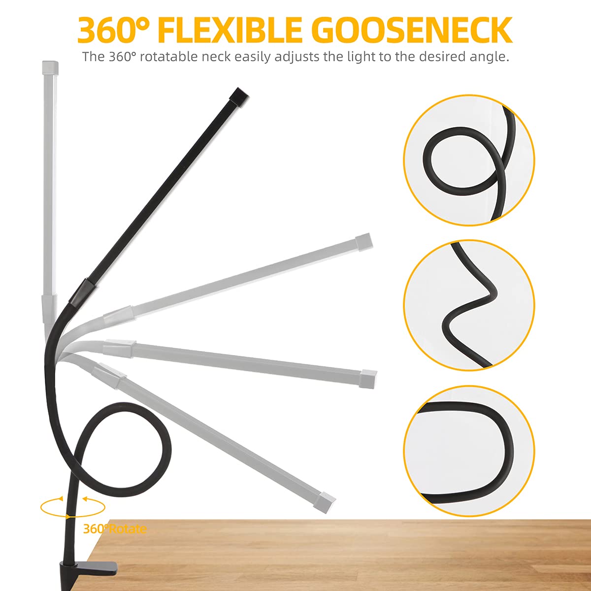 LIBORA LED Desk Lamp with Clamp, Eye-Caring Reading Light with USB Adapter, 3 Modes 10 Brightness, Long Flexible Gooseneck, Architect Task Lamp, Memory Function, Clip on Lamps for Home Office, Black