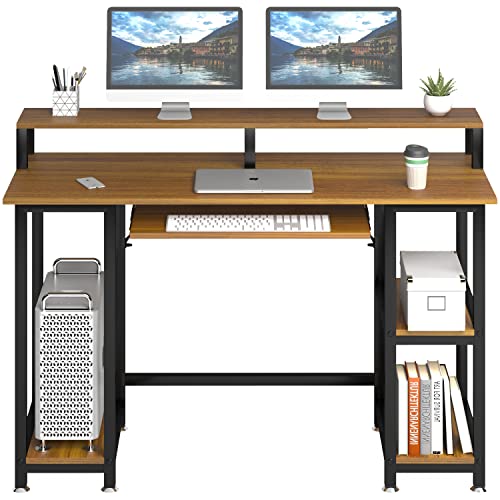 JSungo Small Computer Desk with Monitor Stand, 47 Inch Office Desk with CPU Shelf and Dual Storage Bookshelf for Small Space, Sturdy Writing Table with Keyboard Tray for Home, Natural