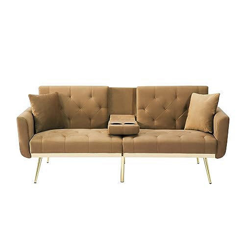 Verfur Button Tufted Convertible Futon Sofa Bed,Modern Velvet Upholstery Sleeper Couch Daybed with 2 Cup Holders and Square Armrests for Small Places Sofabed, Brown 72.4"
