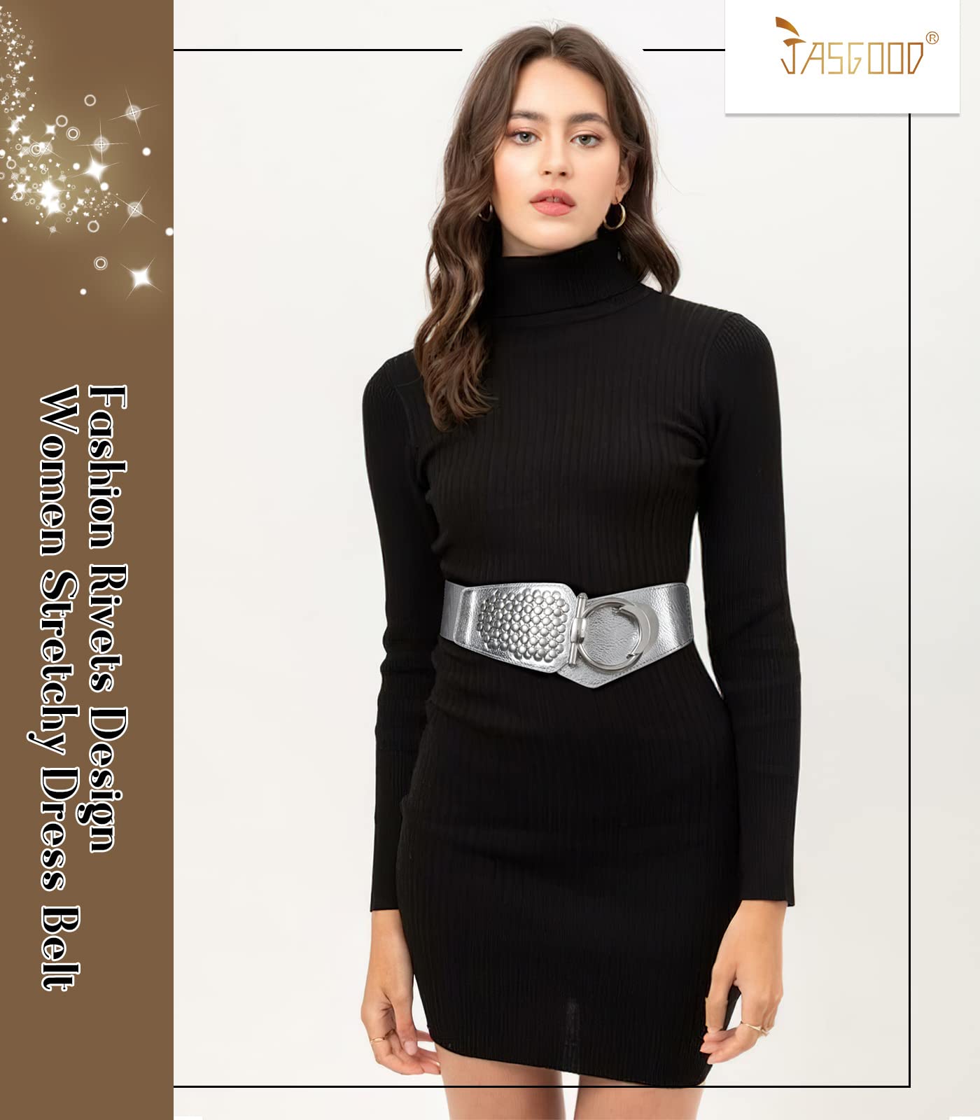JASGOOD Women's Fashion Vintage Wide Elastic Waist Belt with Rivets Studs, E-Grey, Fit Waist 34"-40"