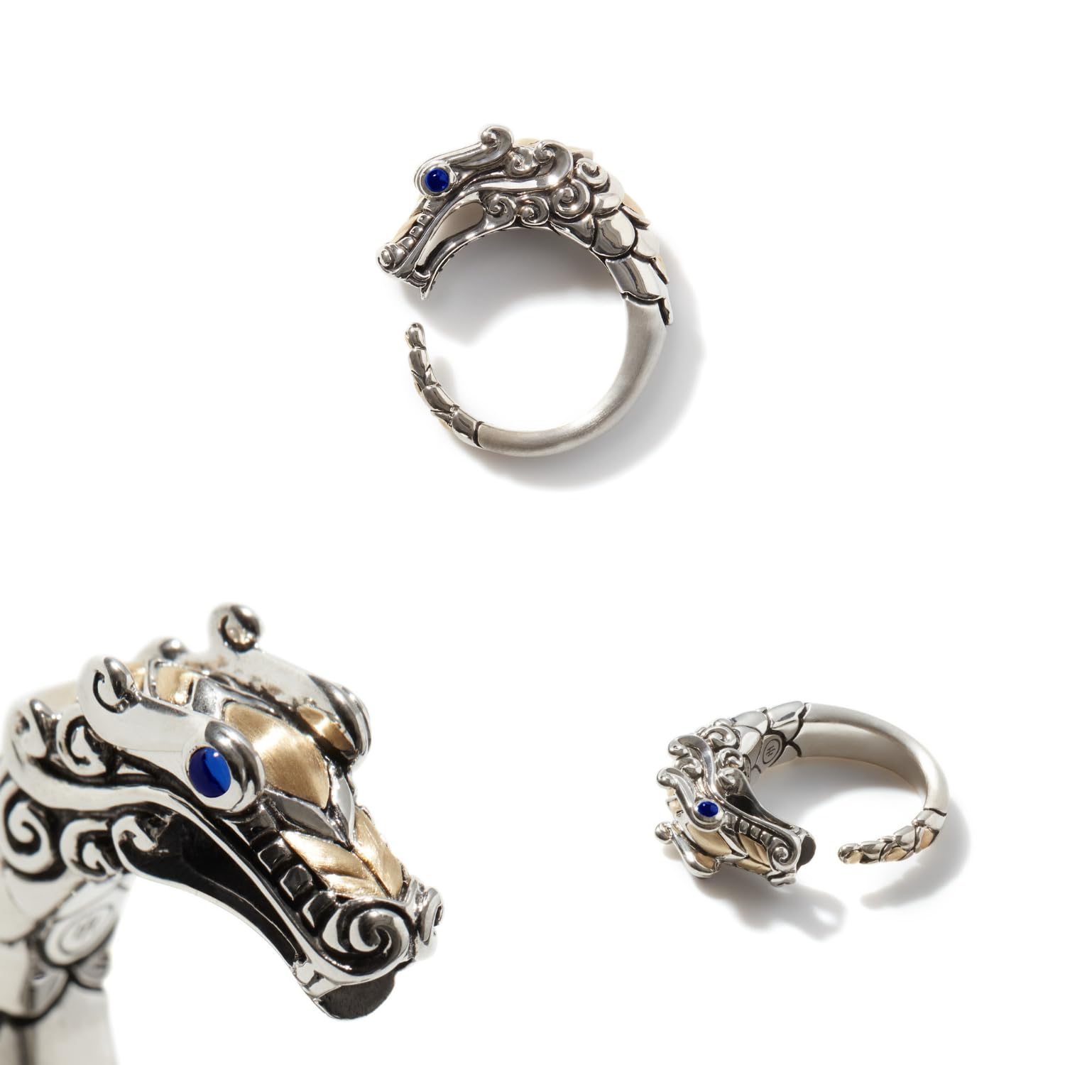 John Hardy Women's Legends Naga 18K Gold & Silver Ring in Brushed Finish with Blue Sapphire Eyes, Size 8