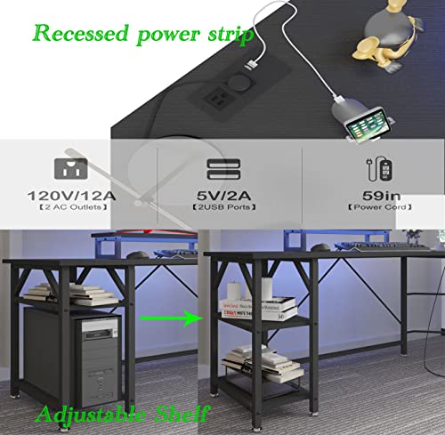 SZXKT L Shaped Computer Desk with Monitor Stand and Power Outlets,Gaming Desk with Storage Shelf and LED Lights,Home Office Reversible Corner with Hooks (Black)