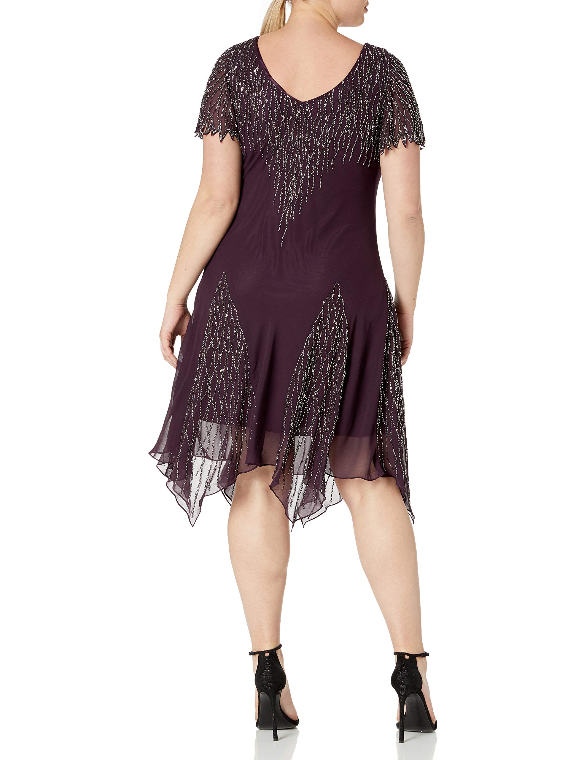 J Kara Women's Plus Size Short Beaded Godet Dress, Wine/Mercury, 20W