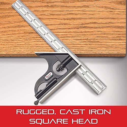 Starrett Student Combination Square - Ideal for Youngsters and Apprentices - 6" Blade Length, Cast Iron Head, Hardened and Tempered Square Blade, 4R Graduation - 10H-6-4R